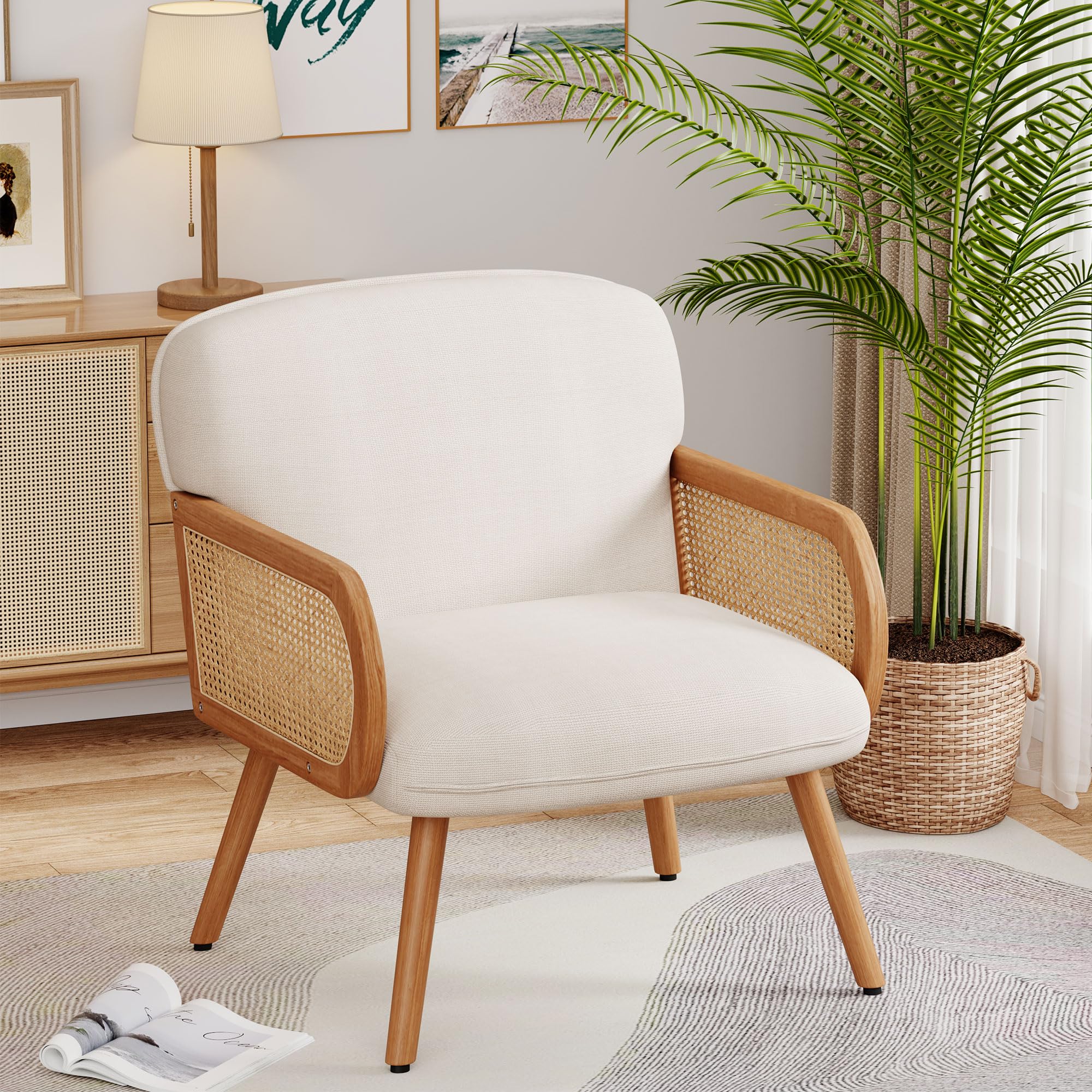 Andeworld Accent Chair with Rattan Arms,Upholstered Mid Century Modern Living Room Armchair, Side Club chair with Burlap Linen Fabric for Living Room Bedroom Balcony, Beige