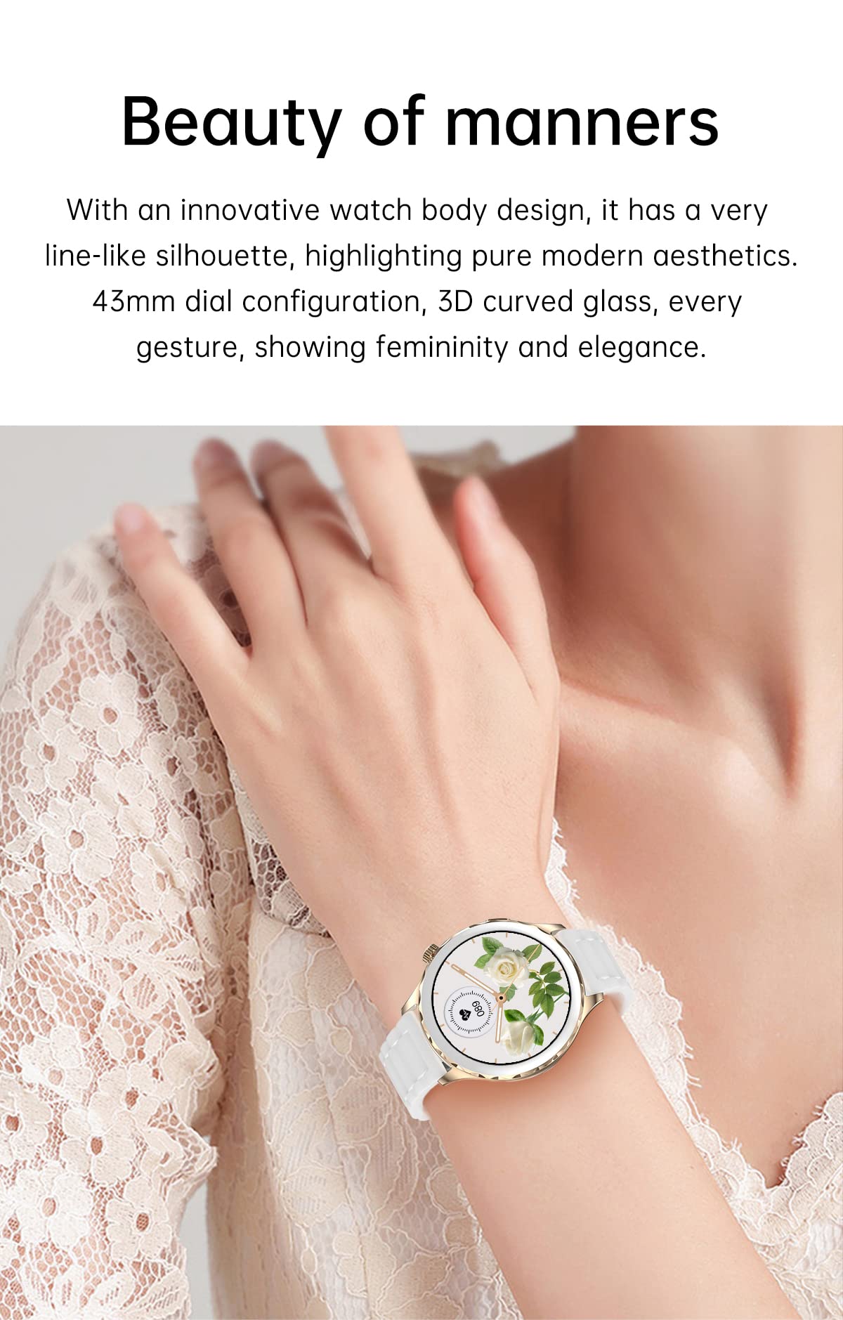 Aliwisdom Smart Watch for Women, 1.32" Round HD Screen Smartwatch waterproof Fitness Tracker Sport Watch Ceramic strap White for iPhone Android with Bluetooth Phone Call and Text Messaging (Rose Gold)