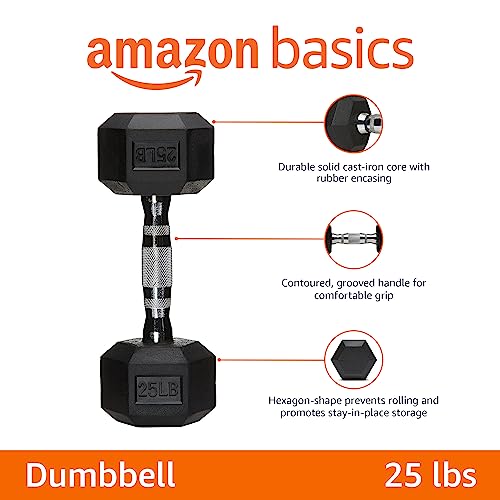 Amazon Basics Rubber Encased Exercise & Fitness Hex Dumbbell, Hand Weight For Strength Training, 25 lb, 11.3 Kilograms, Black & Silver(Pack of 1)