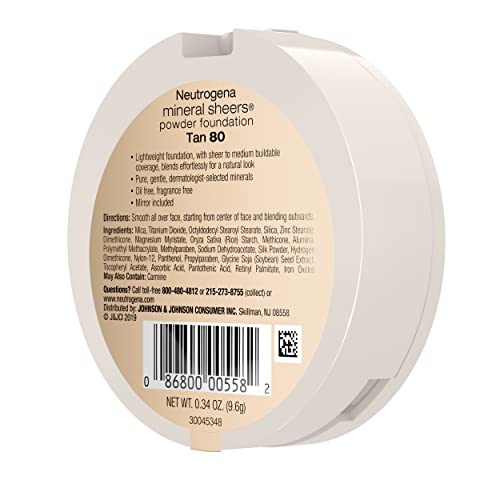 Neutrogena Mineral Sheers Compact Powder Foundation, Lightweight & Oil-Free Mineral Foundation, Fragrance-Free, Tan 80,.34 oz (Pack of 2)
