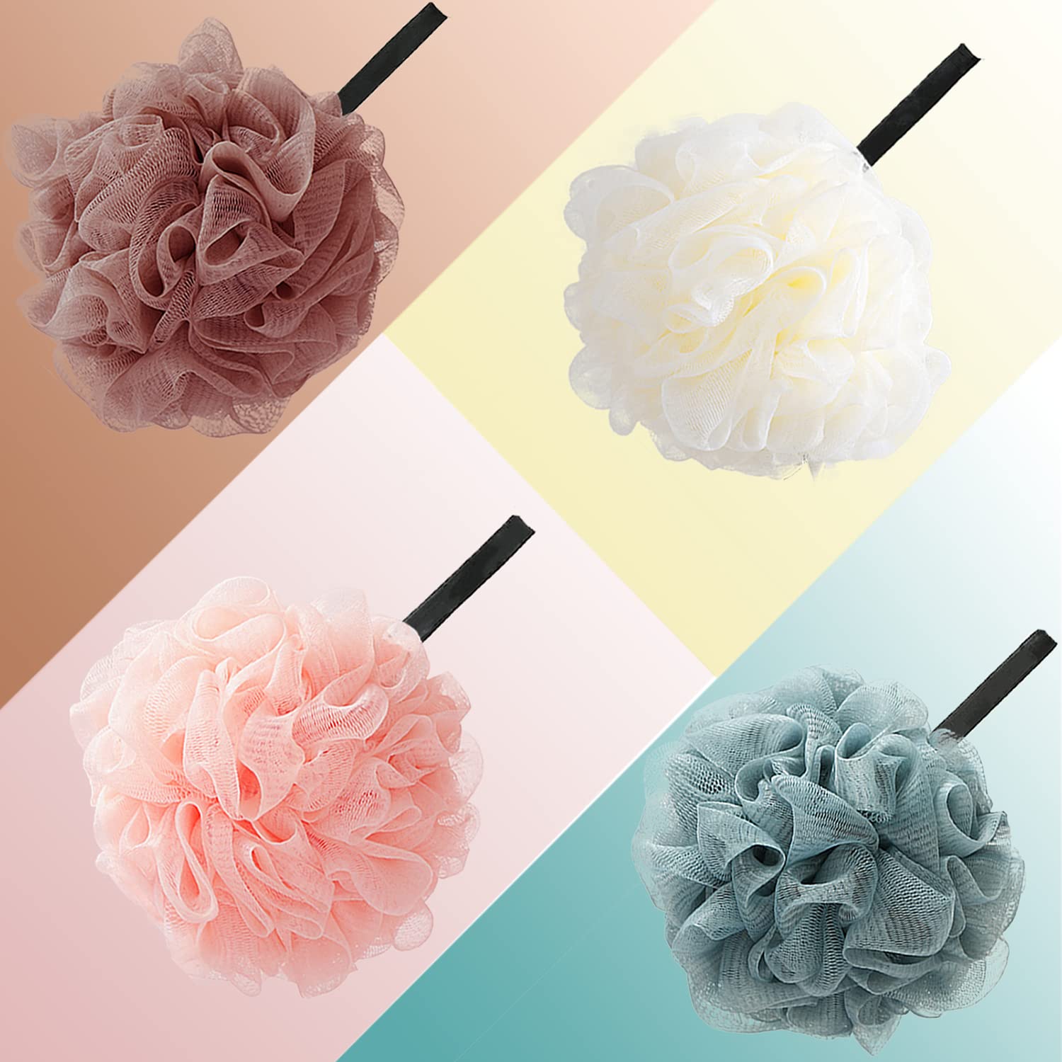 Bath Sponge with Hook, 4 Pack Shower Loofah Soft Mesh Shower Puff Body Wash Loofah Sponge Exfoliating Scrubber, Beauty Bathing Accessories