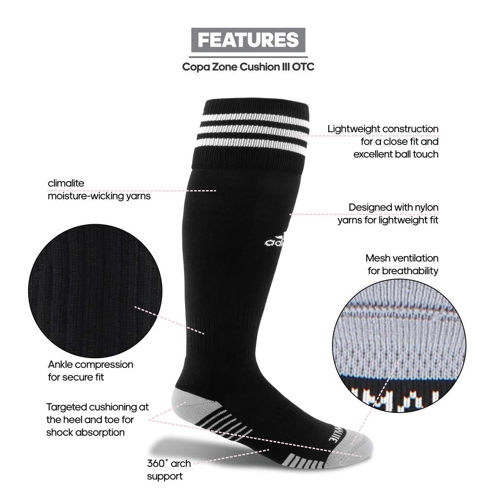 adidas Copa Zone Cushion 4 Soccer Socks (1-Pair) for Men, Women, Boys and Girls, White/Black, Medium
