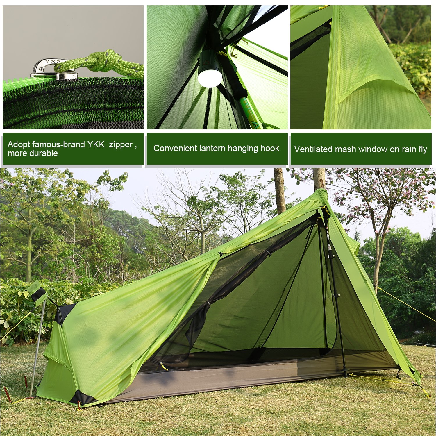 Andaker 1.6lb Ultralight Backpacking Tents One Person Man Hiking Single Camping Tent 15D Ultra-Thin Ripstop Nylon, Double-Side Silicone Coated(No Poles)