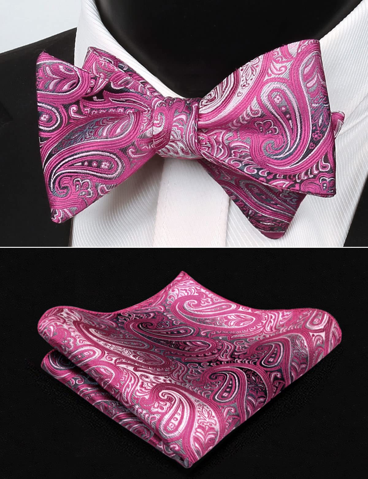 Alizeal Mens Gradient Paisley Self Bow Tie and Hanky Set, Rose Pink