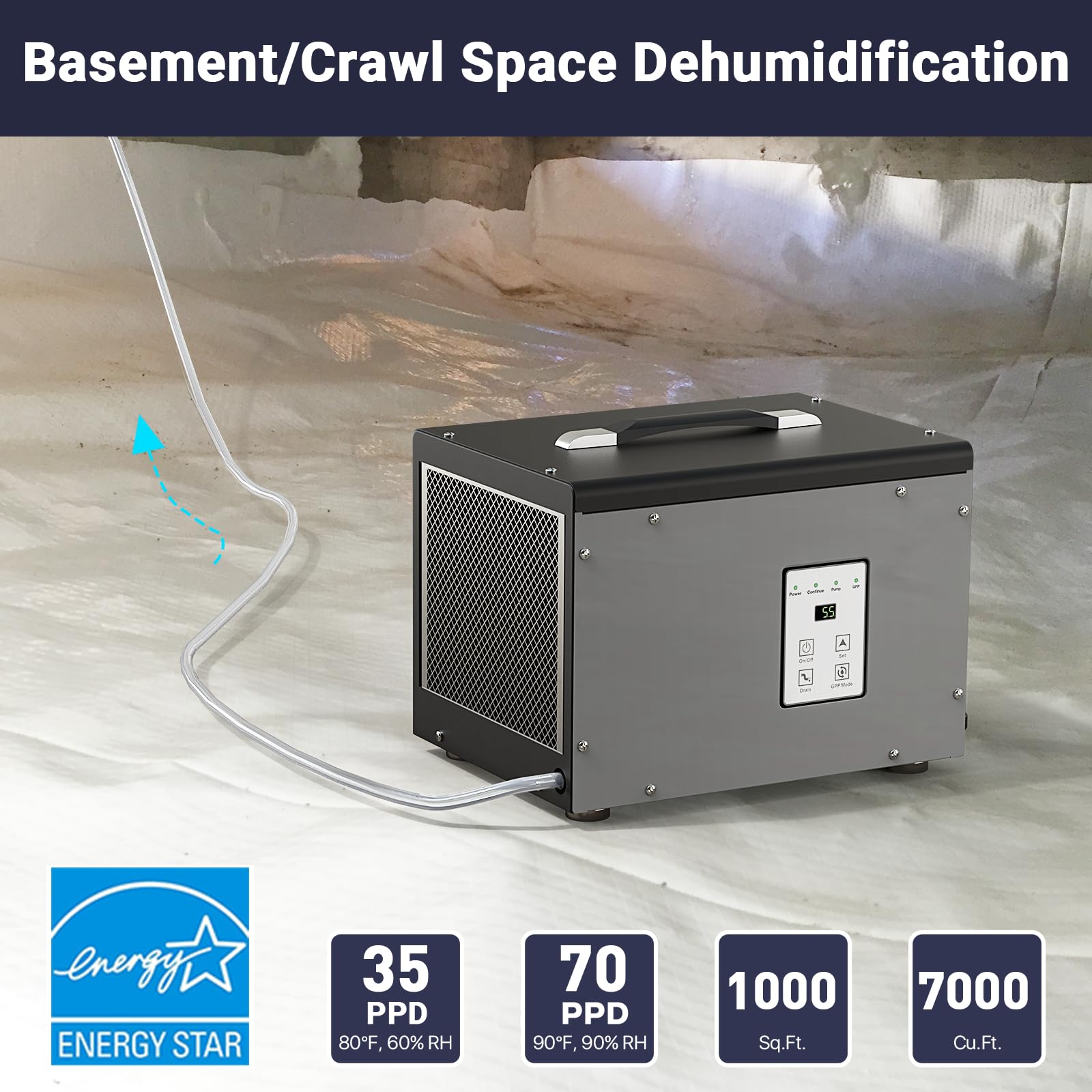 BaseAire Crawlspace Whole House Dehumidifier,70 Pint Commercial Basements Dehumidifiers with Pump Hose, Up to 1000 Sq Ft,Compact,Auto Defrost, Energy Star, GLGR Technology