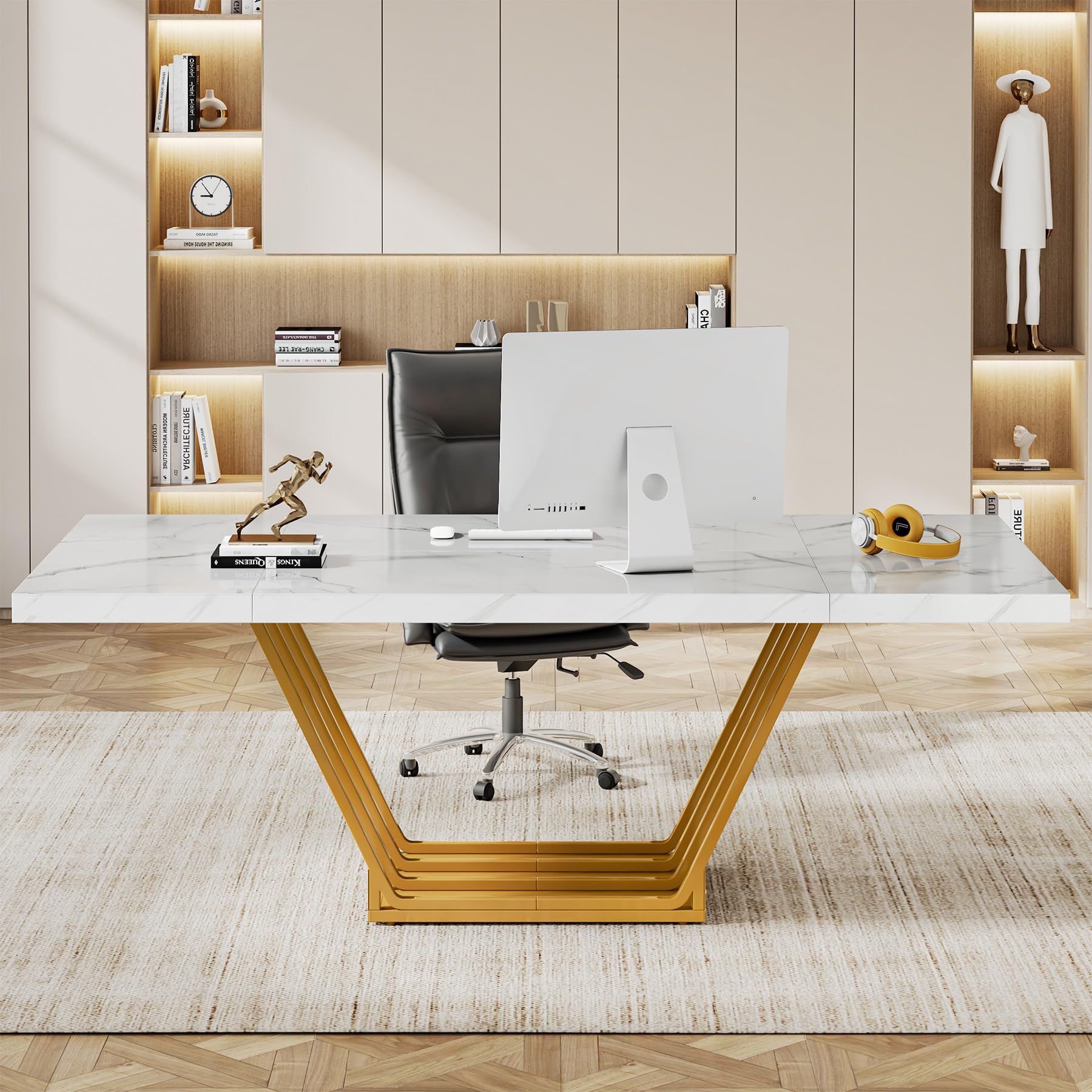 Tribesigns 63-Inch Modern Computer Desk, White Executive Desk with Gold Metal Frame, Large Office Desk Workstation Business Furniture for Home Office, Easy Assembly, Only Desk