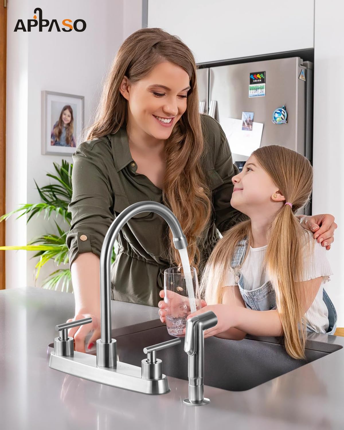 APPASO Kitchen Faucet with Side Sprayer, 2-Handle High Arch SUS304 Stainless Steel Brushed Nickel Kitchen Faucet with Pull-Out Side Spray for RV Laundry Utility Bar, 8-in 4-Hole Installation