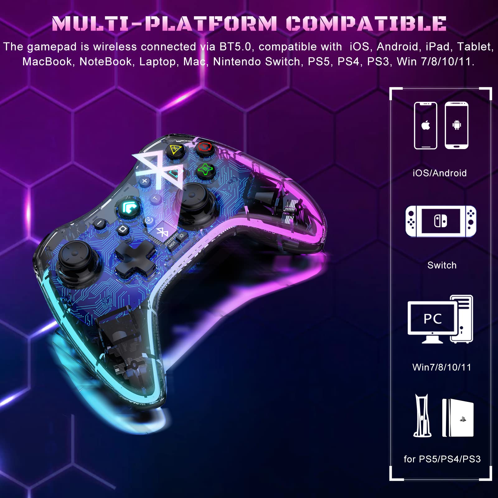 arVin Mobile Game Controller for iPhone/iPad/iOS/Android/Tablet/PC/PS5/PS4/PS3/Switch Transparent Bluetooth Gaming Gamepad Joystick with Phone Holder/Back Button/Turbo/RGB Light/Vibration/6-axis Gyro