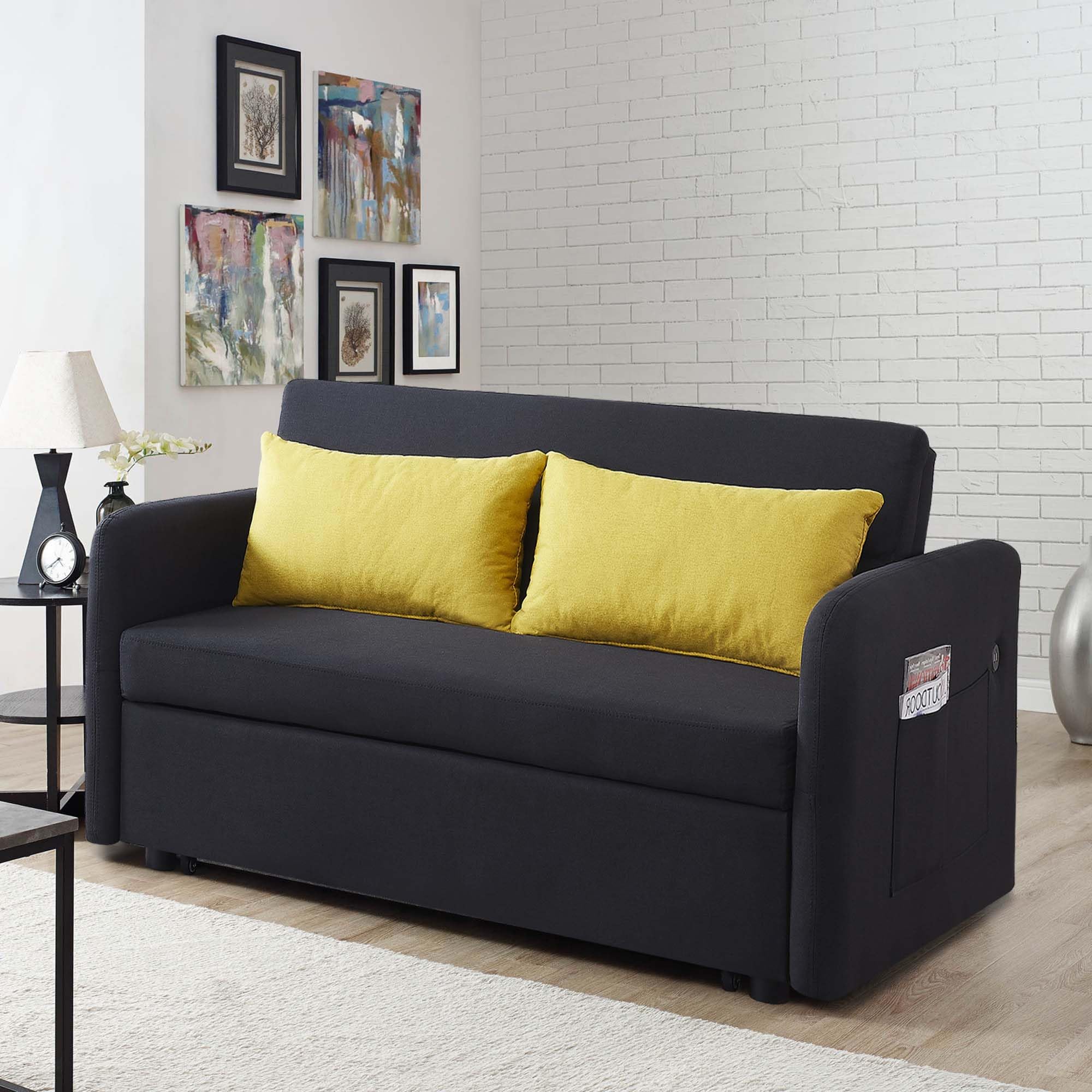 SumKea 55.5'' Pull Out Couch, 3-in-1 Sleeper Loveseat Convertible Bed with USB, Adjustable Backrest, Pillows, Side Pocket, Fabric Sofa Bed for Living Room, Office, Black