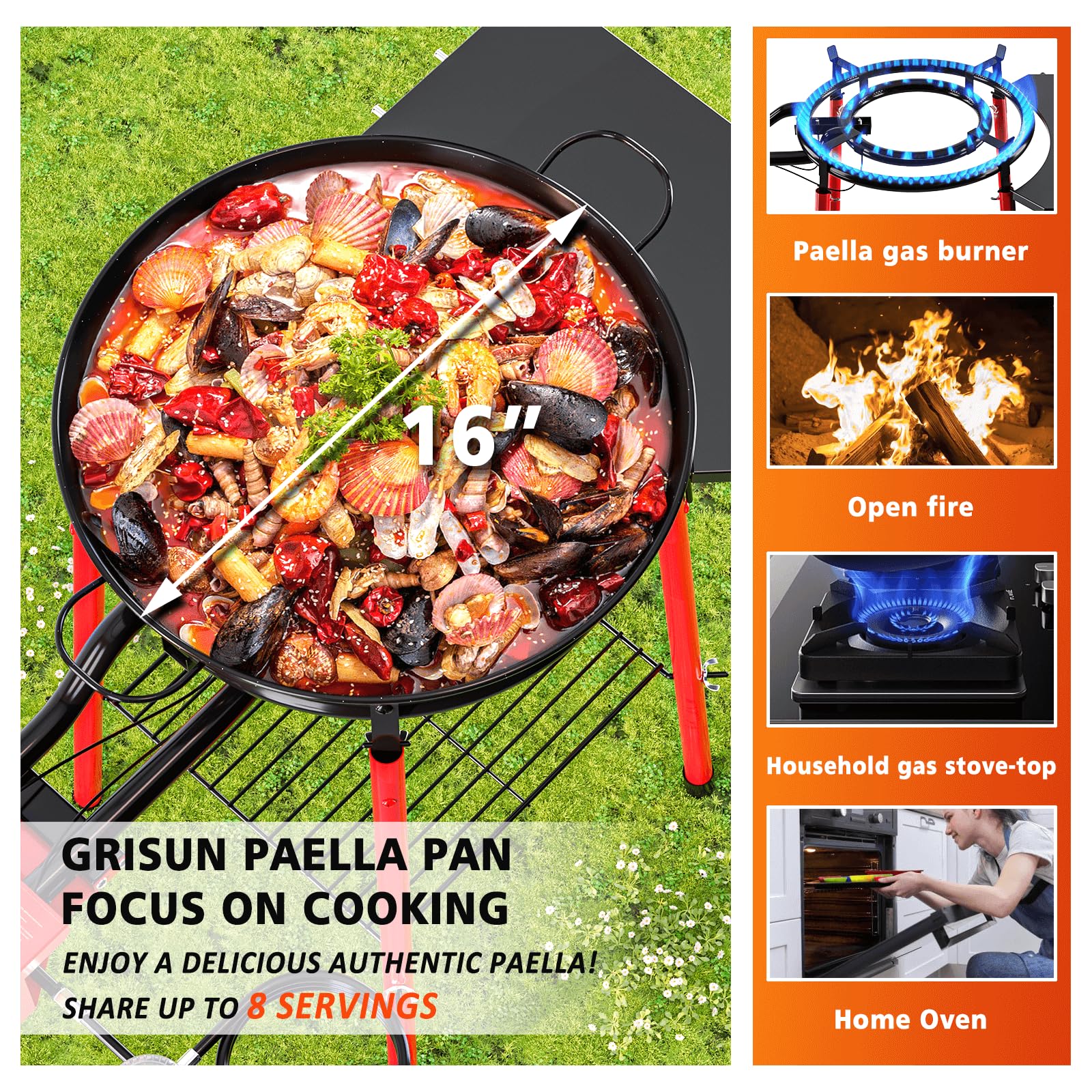 GRISUN Paella Pan 16 inches | Enameled Paella Pan for 8 Servings | Nonstick Pan for Authentic Spanish Dishes | Enameled Skillet Ideal for Restaurants and Home Cooking