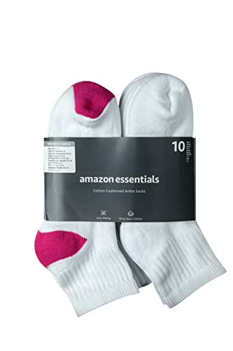 Amazon Essentials Women's Cotton Lightly Cushioned Ankle Socks, 10 Pairs, White, 8-12