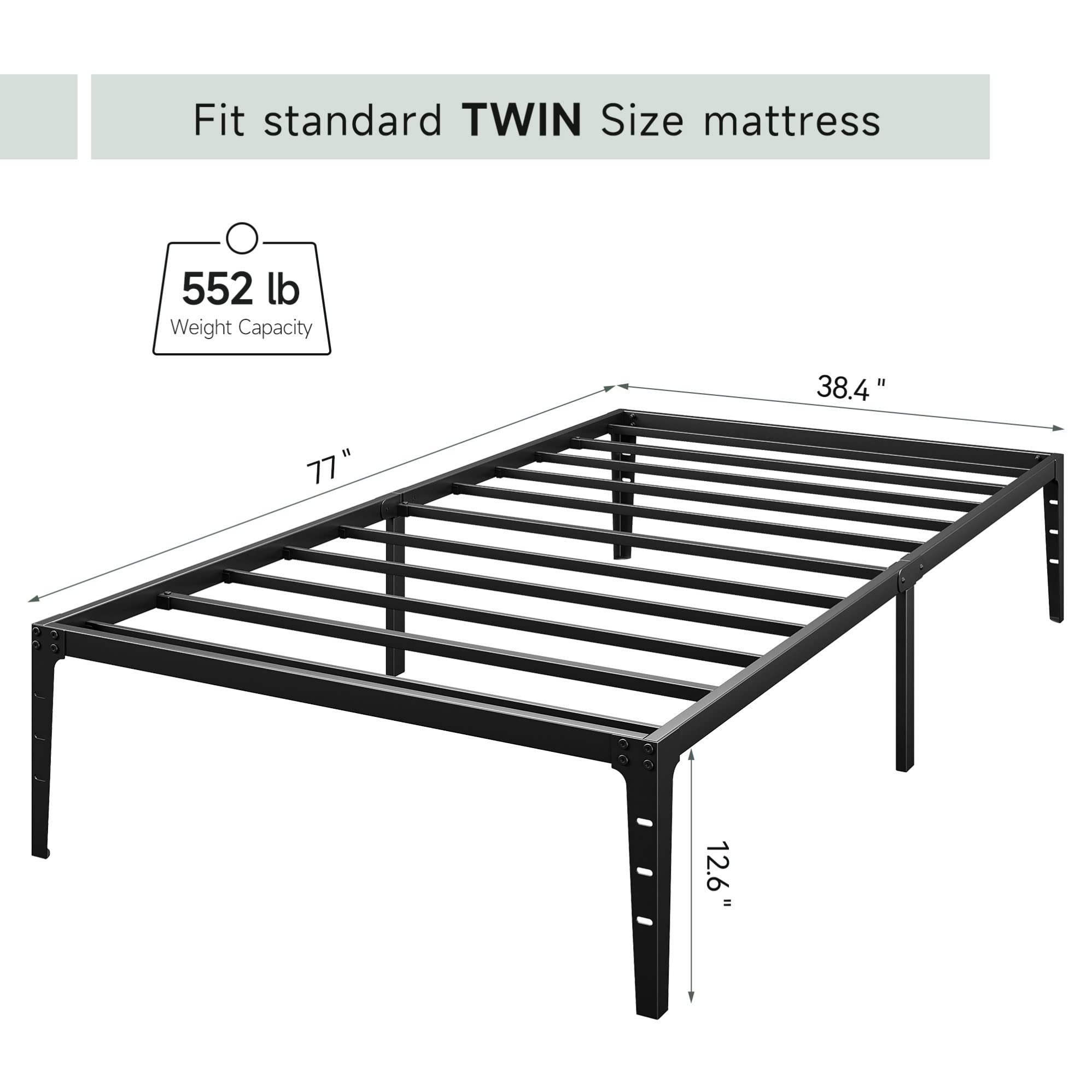 Alkmaar 14 Inch Twin Size Black Bed Frame, Metal Platform Mattress Foundation, Metal Slat Support, No Box Spring Needed, Noise Free (Twin)
