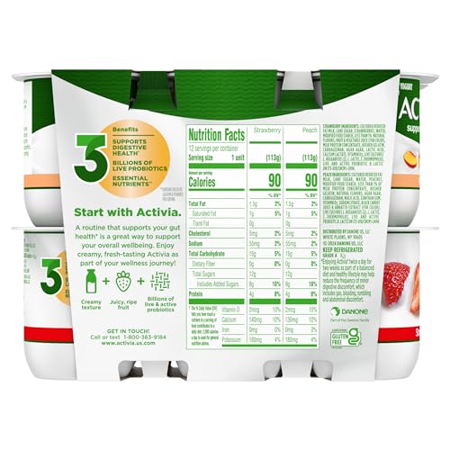 ACTIVIA Probiotic Lowfat Yogurt, Variety Pack, Peach & Strawberry, Non-GMO Project Verified, 4 Oz, Pack of 12