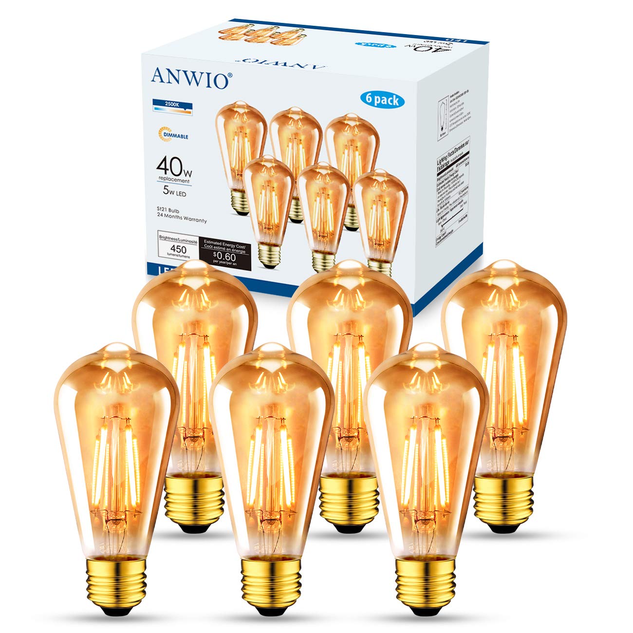 ANWIO Vintage Edison Light Bulb ST21 LED Filament Bulb 5W(40 Watt Equivalent) Dimmable 2500K (Amber Glow) Warm White E26 Medium Base, Amber Glass Cover,6 Pack