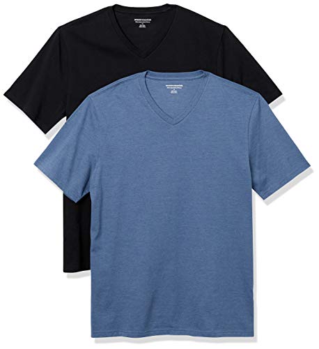 Amazon Essentials Men's Slim-Fit Short-Sleeve V-Neck T-Shirt, Pack of 2, Black/Navy Heather, Large