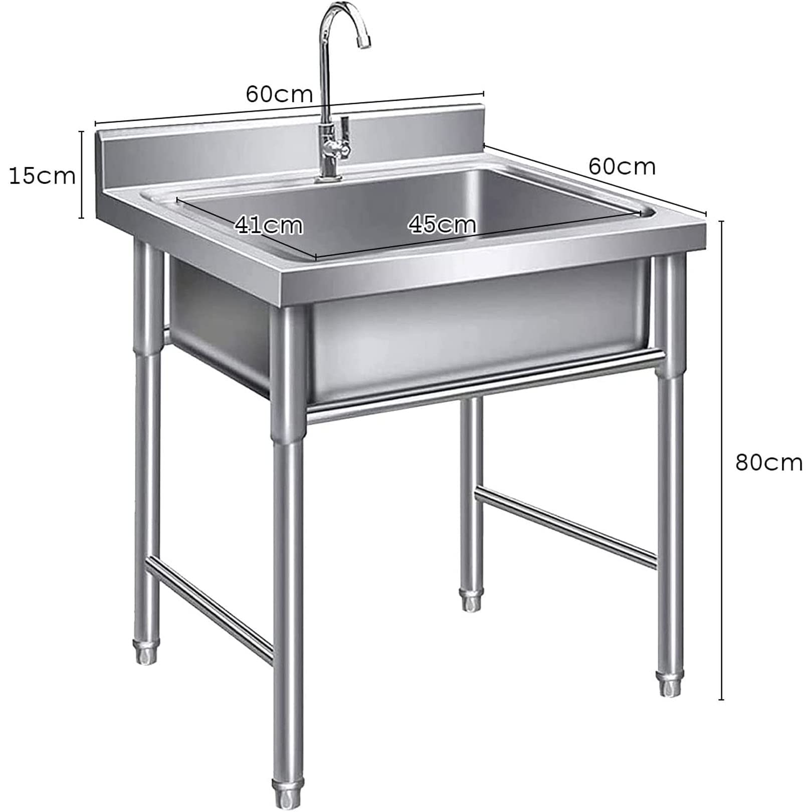 ALEEJA Commercial Kitchen Sink Free Standing Single Bowl Sink, 304 Stainless Steel Single Bowl Square Drop in Basin Sink with Faucet for Bathroom Restaurant