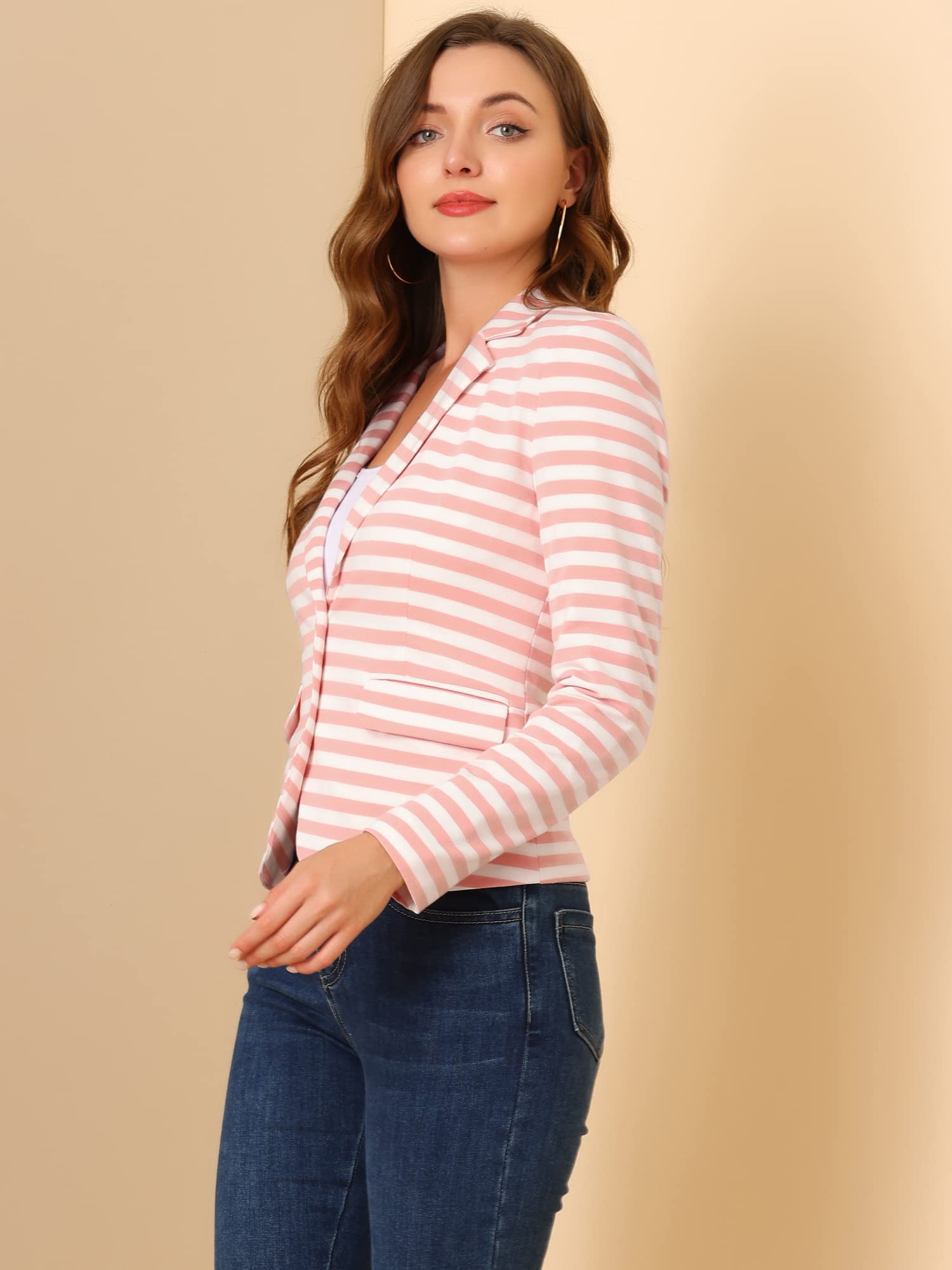 Allegra K Women's Notched Lapel Pocket Button Closure Striped Blazer Medium White Pink