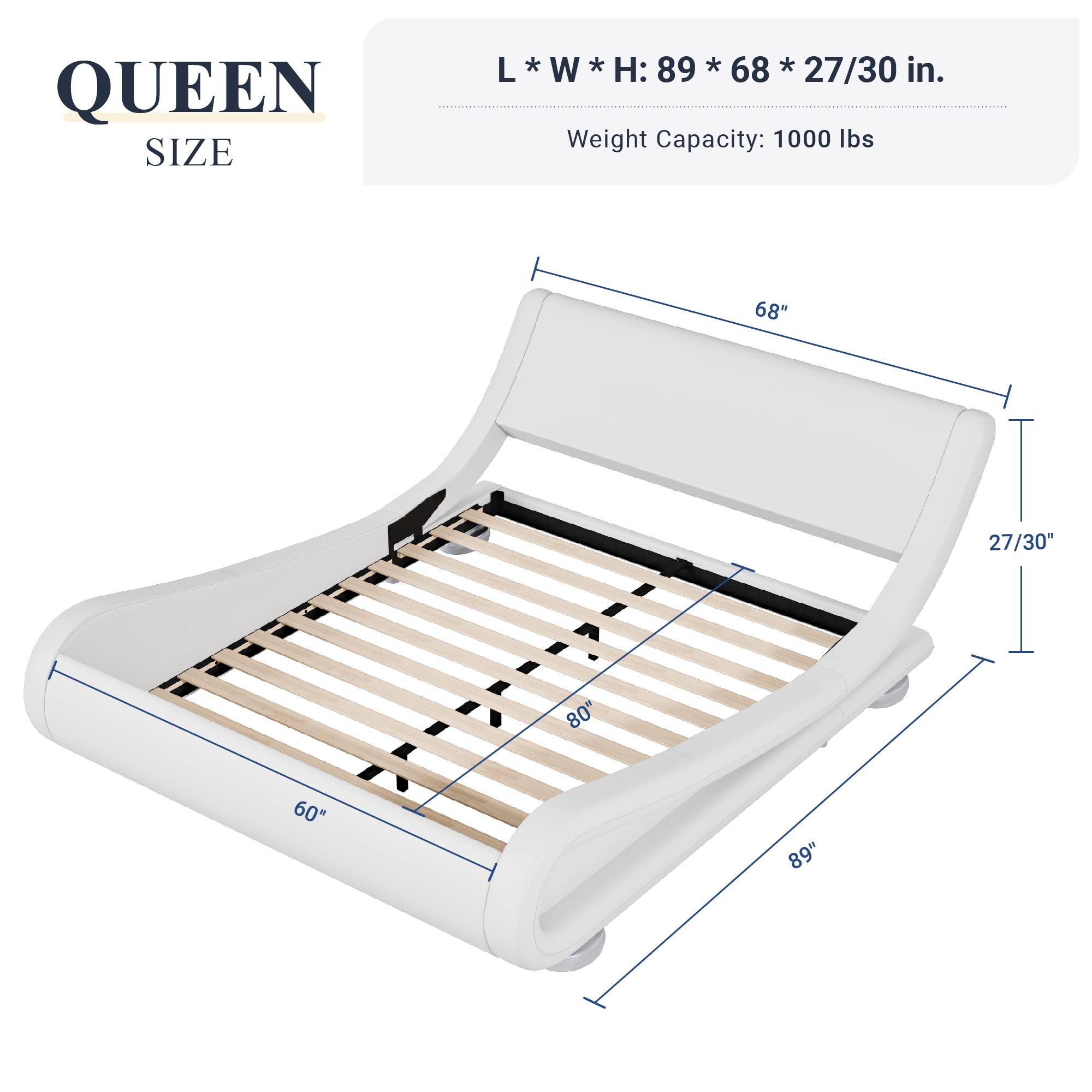 Allewie Queen Size Upholstered Platform Bed Frame with Ergonomic & Adjustable Headboard, Modern Low Profile Sleigh Design - Easy Assembly, No Box Spring Needed, White