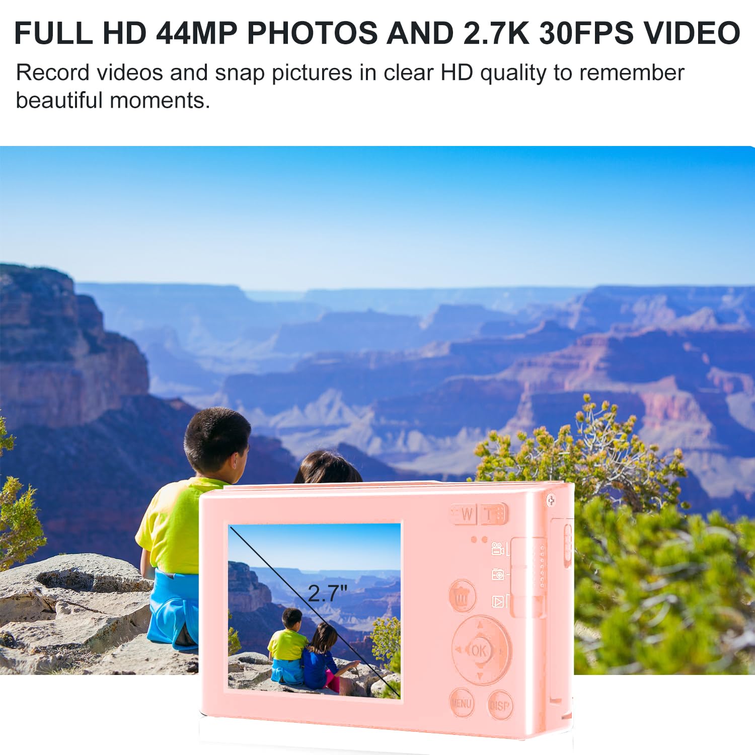 Acuvar 44MP Compact Point and Shoot Digital Camera, 16X Digital Zoom, 2.4 Inch Screen & 32GB SD Card, Vlogging Camera for Kids Teens Students Boys Girls Seniors (Pink)