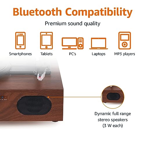 Amazon Basics Turntable Record Player with Built-in Speakers and Bluetooth, Desktop, Black