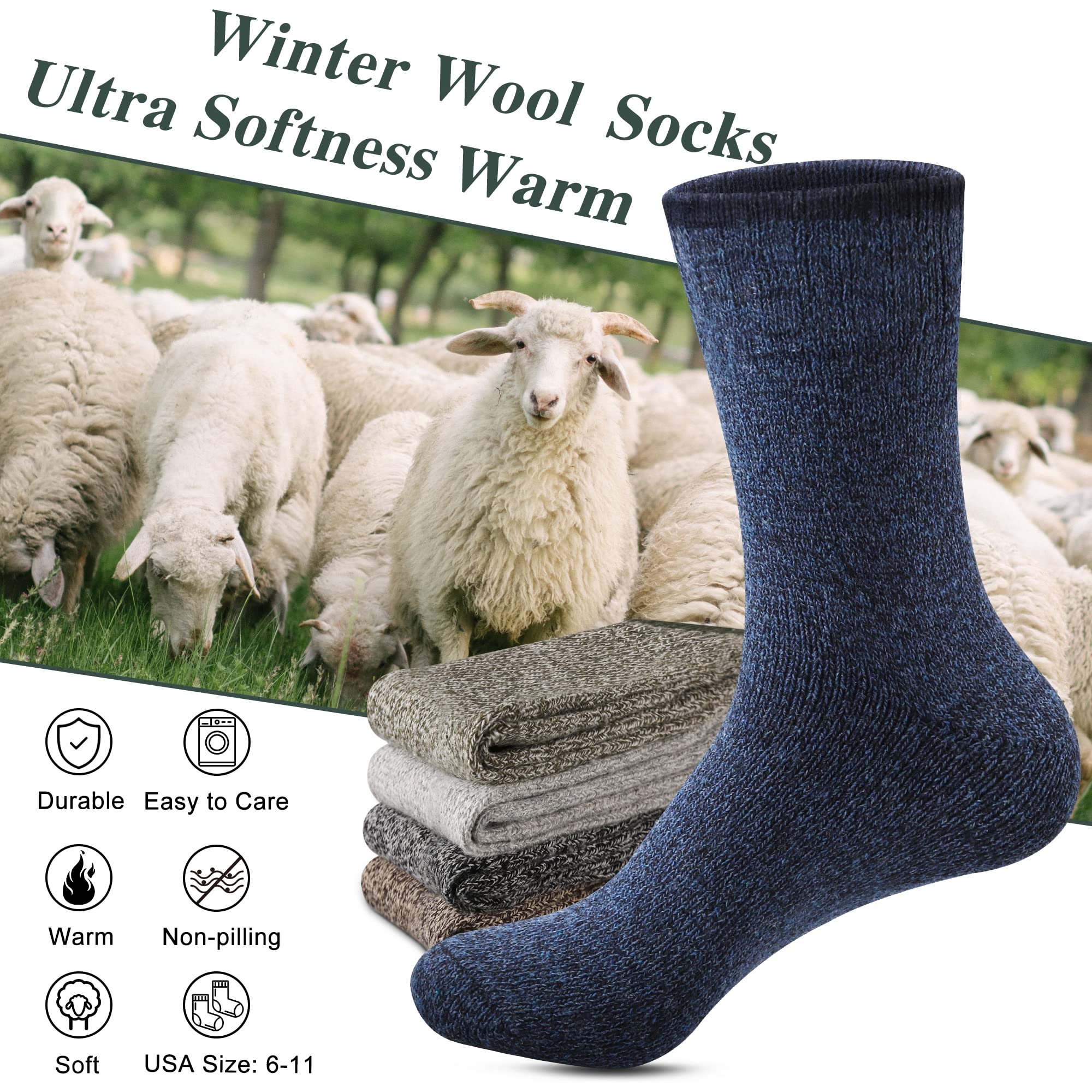 Annsuki Wool Hiking Socks Men, 5 Pack Warm Wool Sock Men Cold Weather for Running Camping Cycling, Winter Soft Thermal Boot Socks for Men Youth, One USA Size fits 6-12