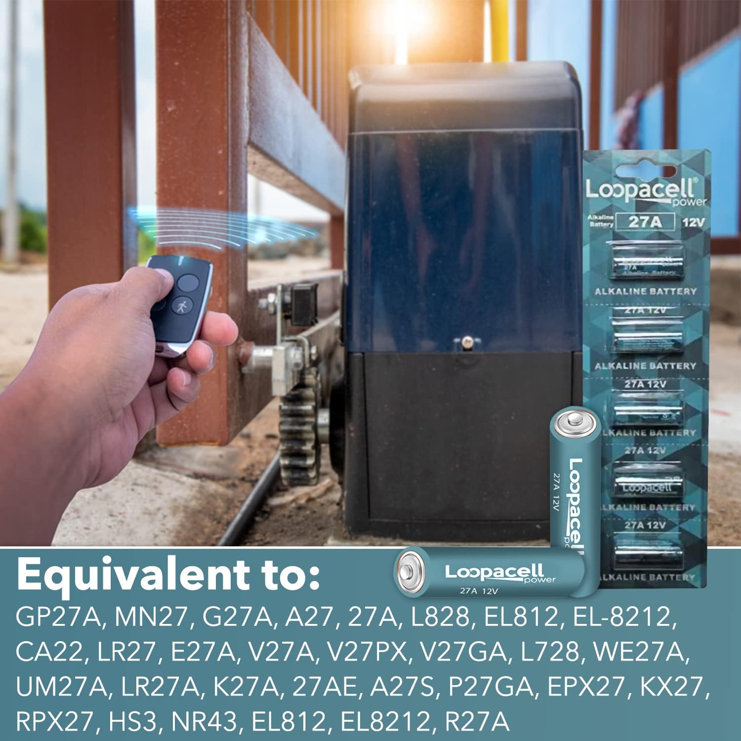LOOPACELL 27A 12V Alkaline Battery (Pack of 5) - Long Lasting, Leakproof MN27 Battery for Garage Door Openers, Key Fobs, Heated Socks, Ceiling Fan Remote Control, Alarm Remote Control & More