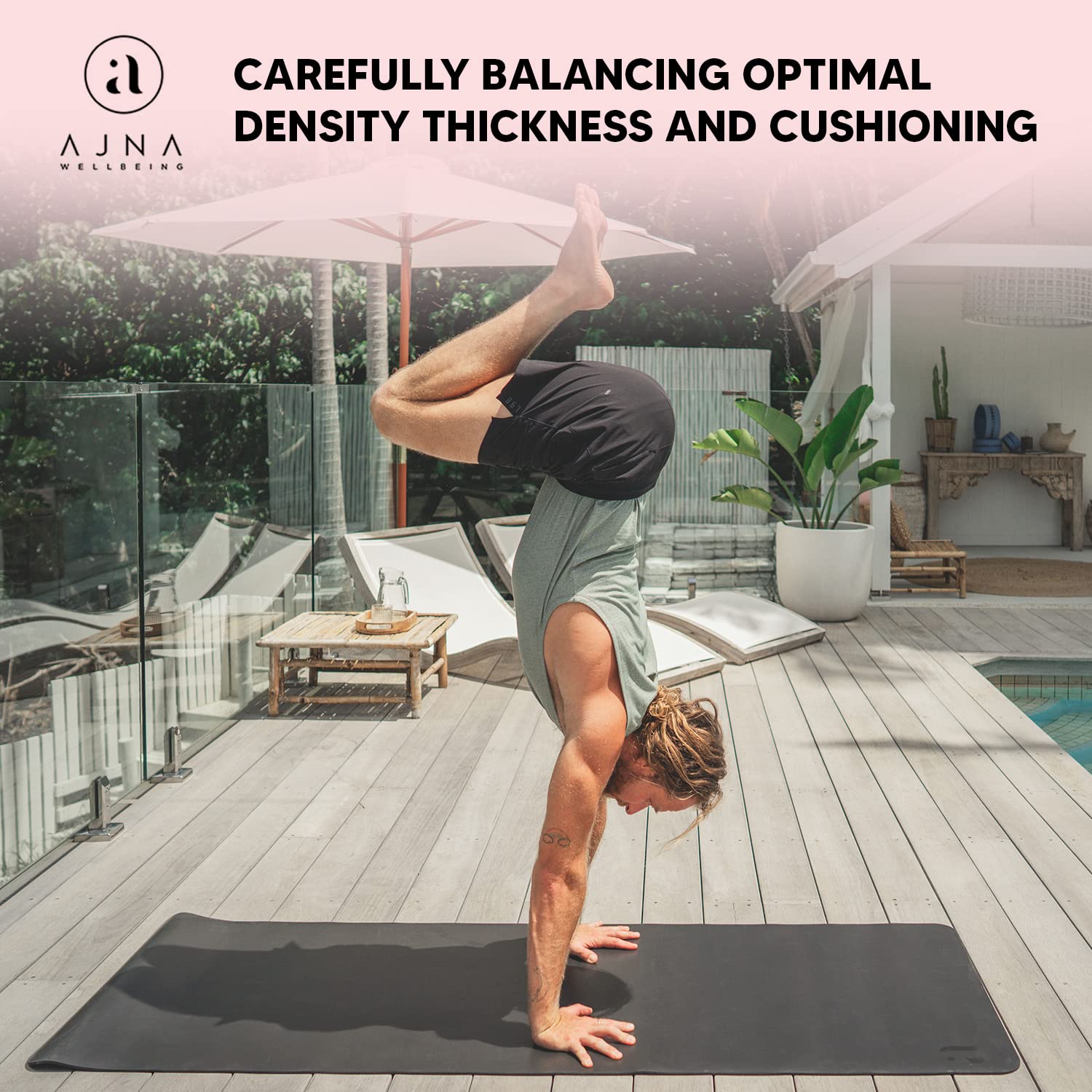 Ajna Natural Rubber Yoga Mat - Decrease Impact & Strain On Joints, Non-slip Stable Extra Long & Thick 6 feet, Pilates, Exercise, Fitness Accessory, High Density & Superior Dry Grip - Black