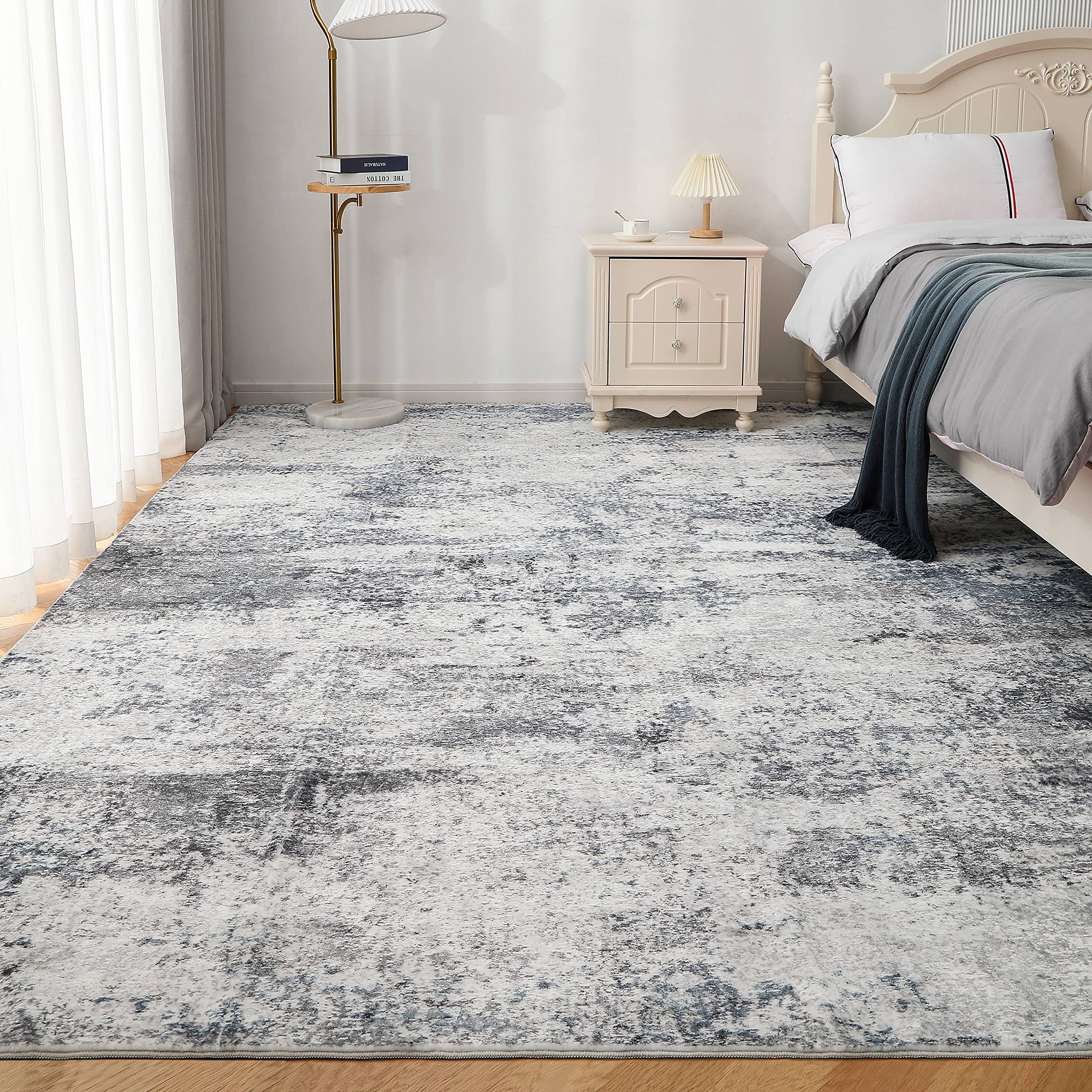 Area Rug Living Room Rugs: 5x7 Abstract Soft Fluffy Pile Large Carpet with Low Shaggy for Bedroom Dining Room Home Office Indoor Decor Under Kitchen Table Washable - Grey/Navy Blue