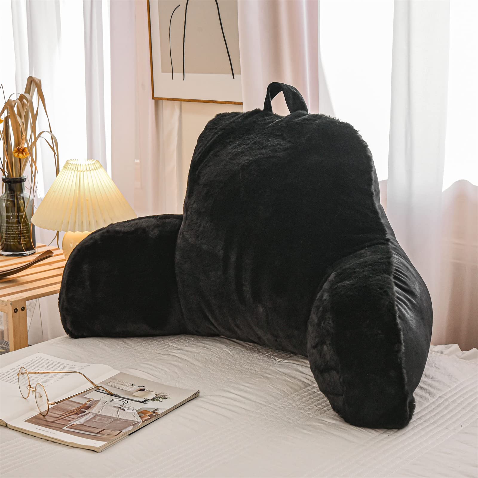 A Nice Night Faux Fur Reading Pillow Bed Wedge Large Adult Children Backrest with Arms Back Support for Sitting Up in Bed/Couch for Bedrest,Black