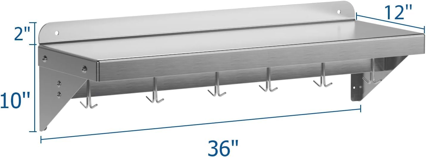 Garvee 2 Pack 12" x 36" Stainless Steel Wall Mount Shelf NSF Certified with 6 Hooks Metal Multifunctional Storage Rack with Backplash for Hanging Pots, Pans,cookware in Home and