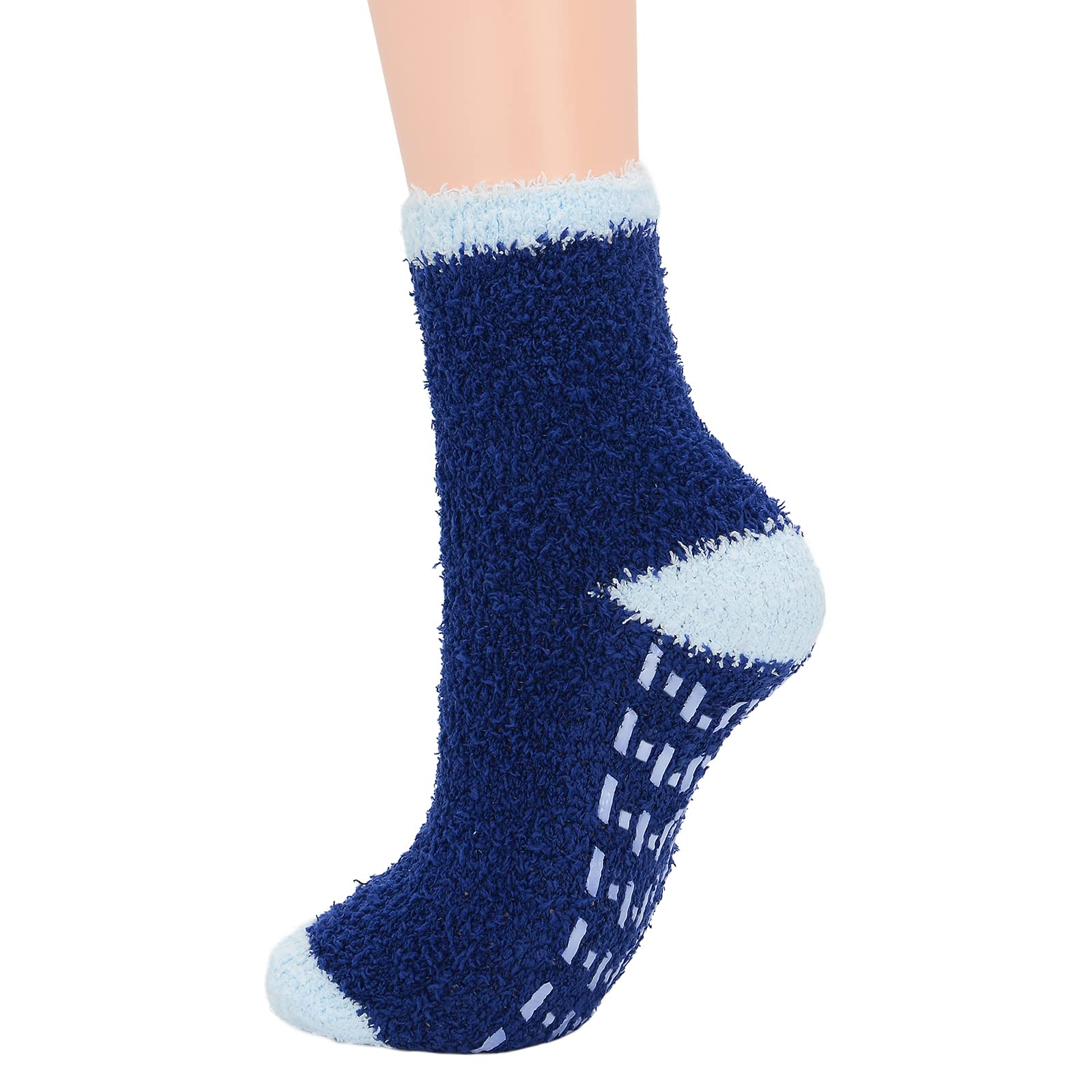 Athletic Plush Socks for Women Warm Fuzzy Socks with Grip Non Slip Socks Yoga Pilates Socks Athletic Socks 5 Pack Blue Sets with Grips One Size