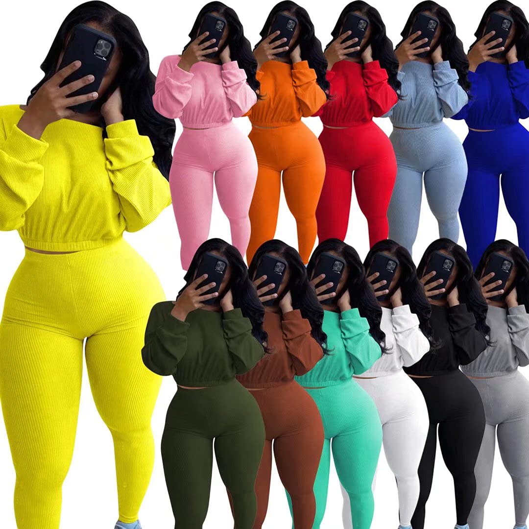 Annystore Women Sexy Fall Rib Knit Pullover Crop Tops Bodycon Long Jogger Pants Set 2 Piece Outfits Sweatsuits Tracksuit Black S