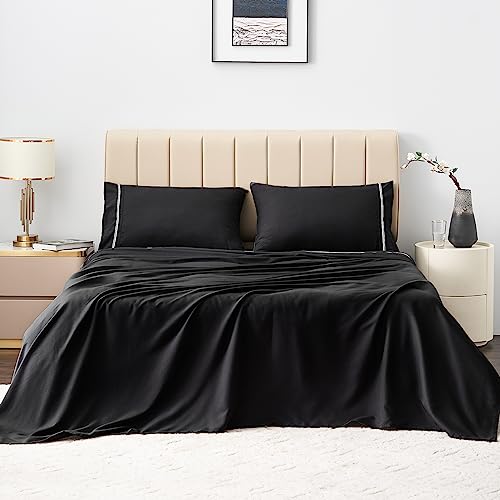 Aisbo Queen Sheet Set Black - Luxury Hotel 4-Piece Embroidered Bed Sheet Set with Easy Fit Deep Pocket, Extra Soft Cooling Bedding Sheet Set with Pillowases, Wrinkle Free, Fade Stain Resistant