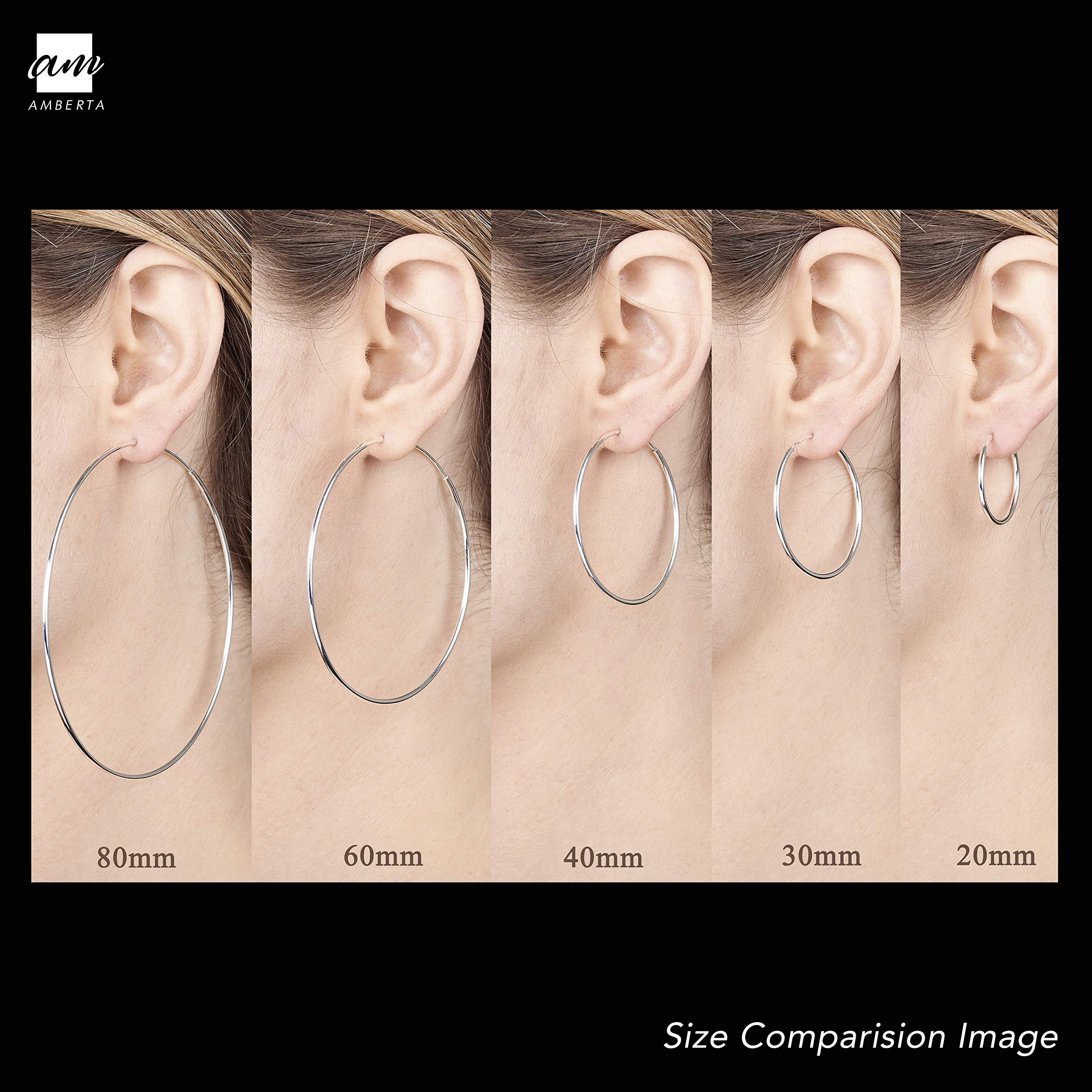 Amberta® 925 Sterling Silver Fine Circle Endless Hoops - Polished Round Sleeper Earrings Diameter Size: 20 30 40 60 75 mm (75mm)