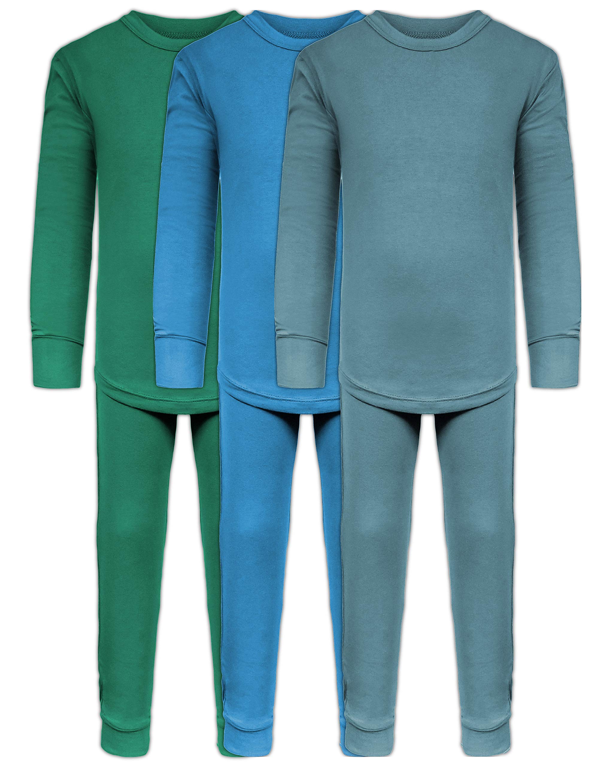 Andrew Scott Boys Long John Ultra-Soft Cotton Stretch Base Layer Underwear Sets / 3 Long Sleeve Tops + 3 Long Pants - 6 Piece Mix & Match (3 Sets / 6 Pc - Evergreen/Blue/Arctic, 2T/3T)