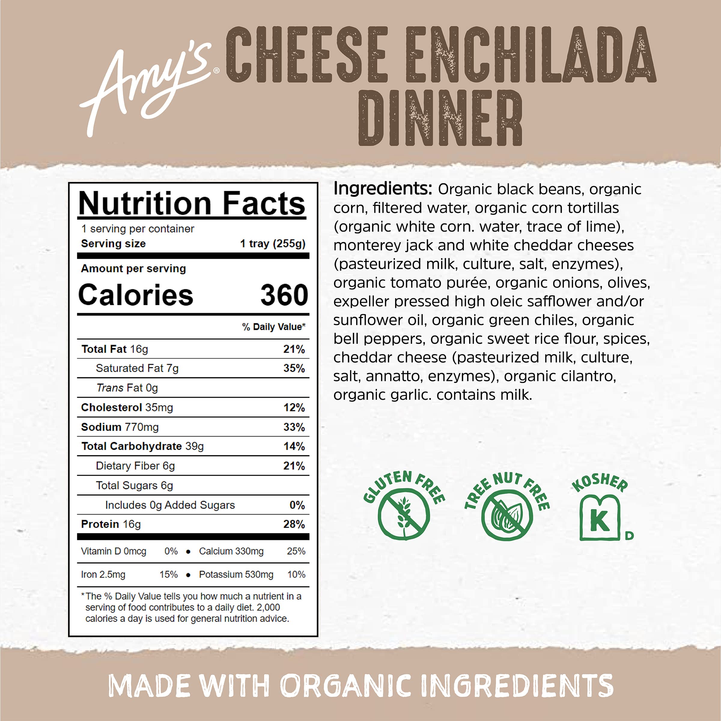 Amy's Frozen Meals, Cheese Enchilada, Made With Organic Black Beans and Corn, Gluten Free Microwave Meals, 9 Oz