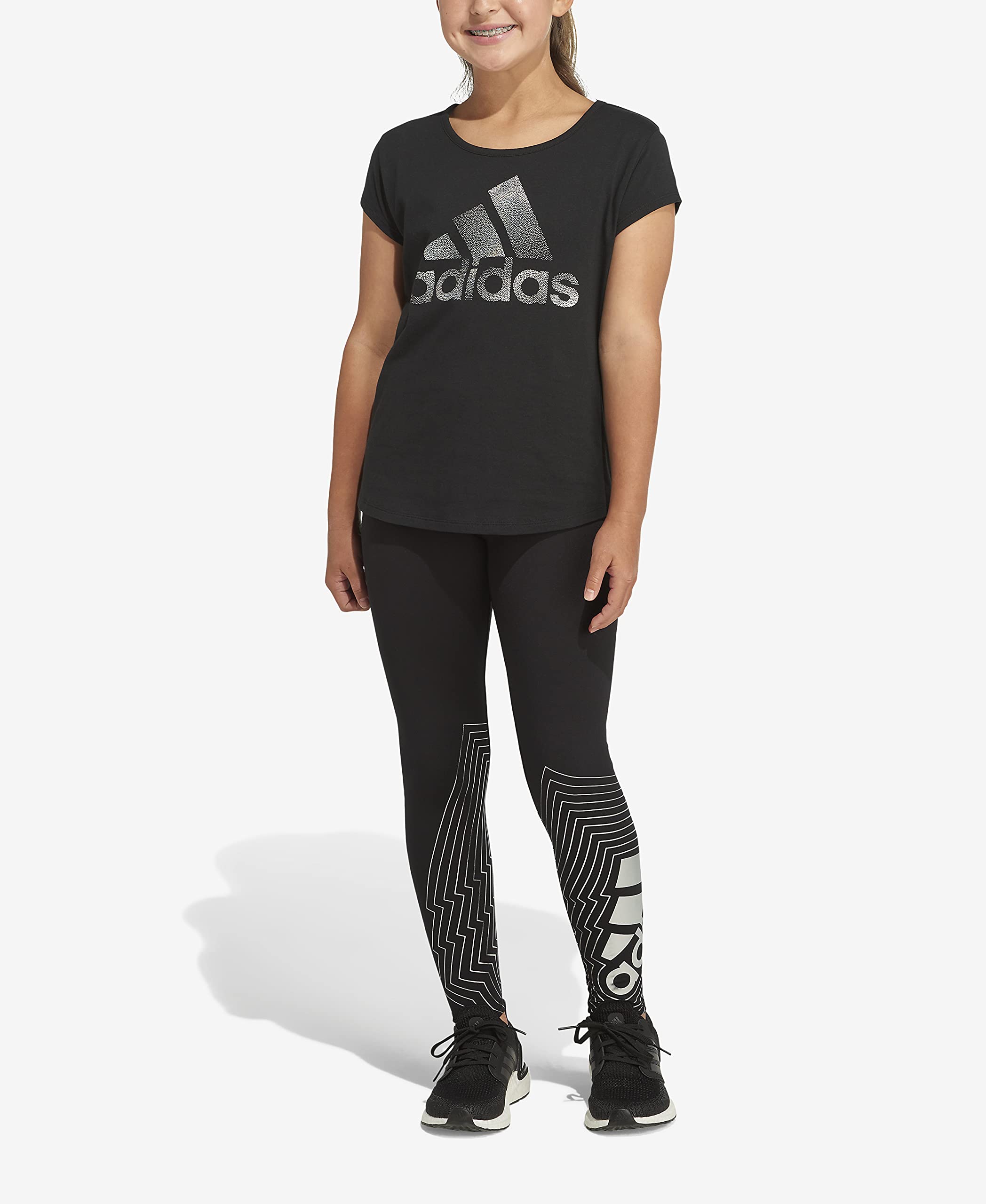 adidas girls Glam Graphic Tights Pants, Black With Silver, Large US