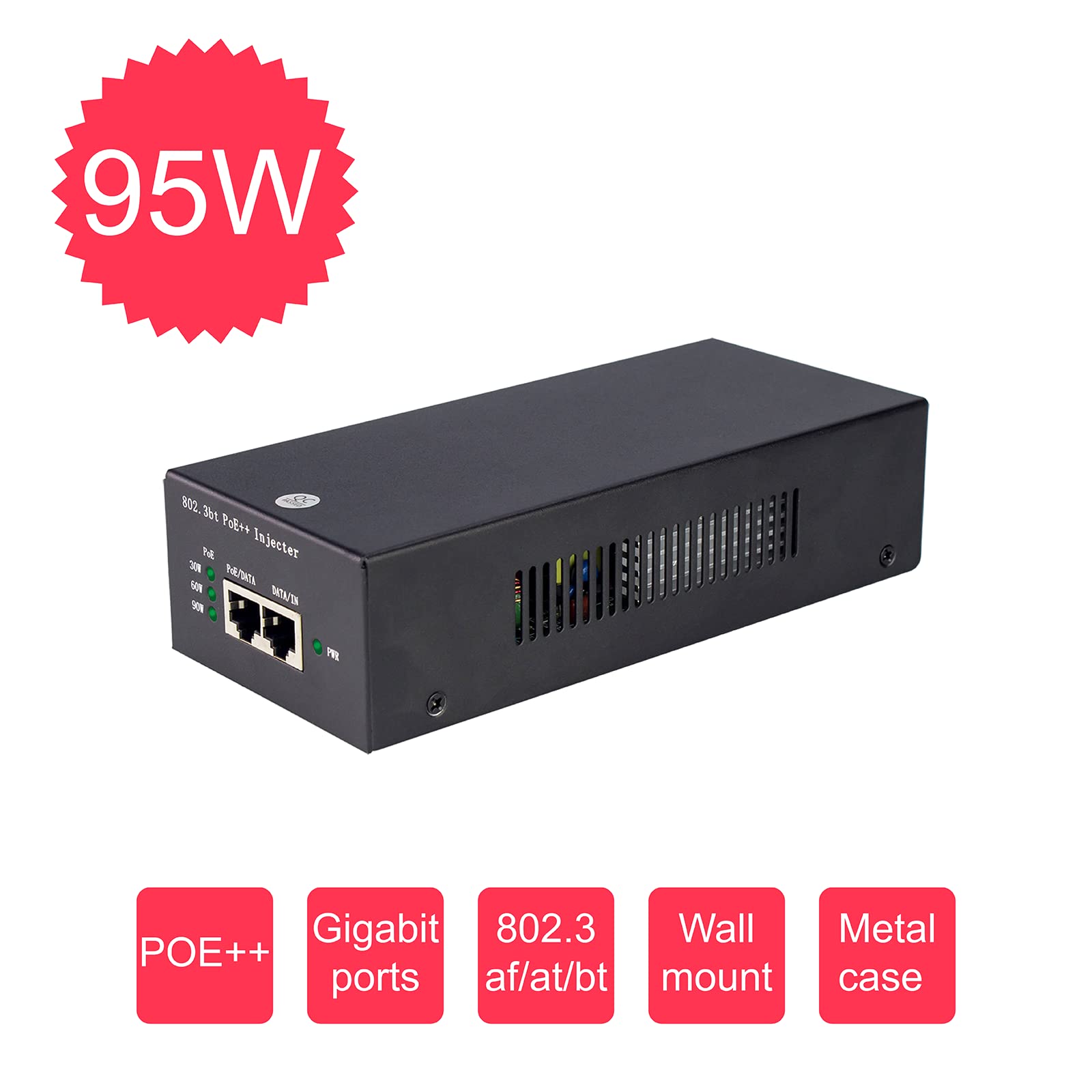 CENTROPOWER 90W High Power Gigabit PoE Injector Adapter,10/100/1000Mbps,Up to 90W Ultra Power Supply Ethernet PoE++ Injector,IEEE 802.3af/at/bt Compliant ,UL Certified.Plug & Play