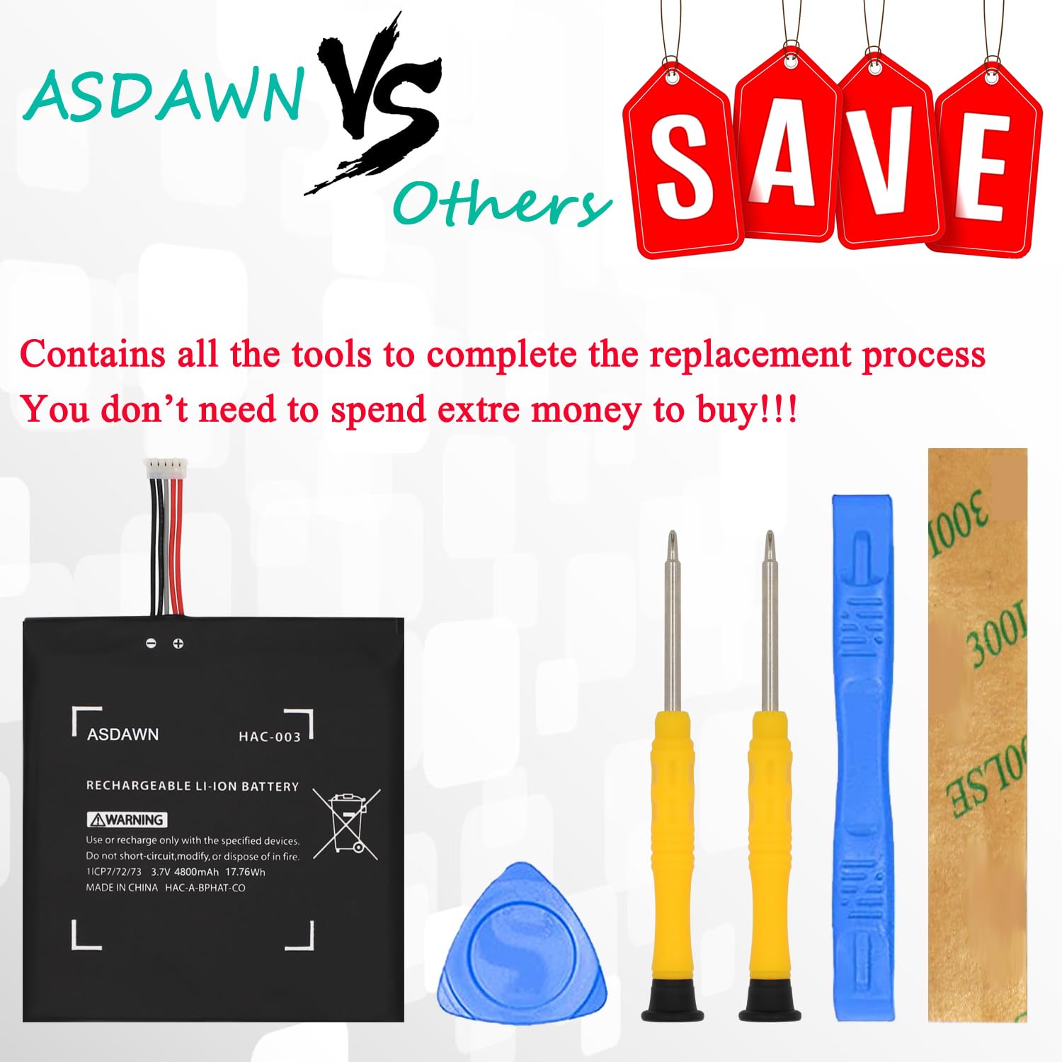 ASDAWN 4800mAh HAC-003 Battery Replacement for Nintendo Switch 2017 Game Console Handhold HAC-001 Internal, Upgraded Capacity Battery for Nintendo Switch HAC-A-BPHAT-CO HAC-S-JP/EU-CO with Tool Kit