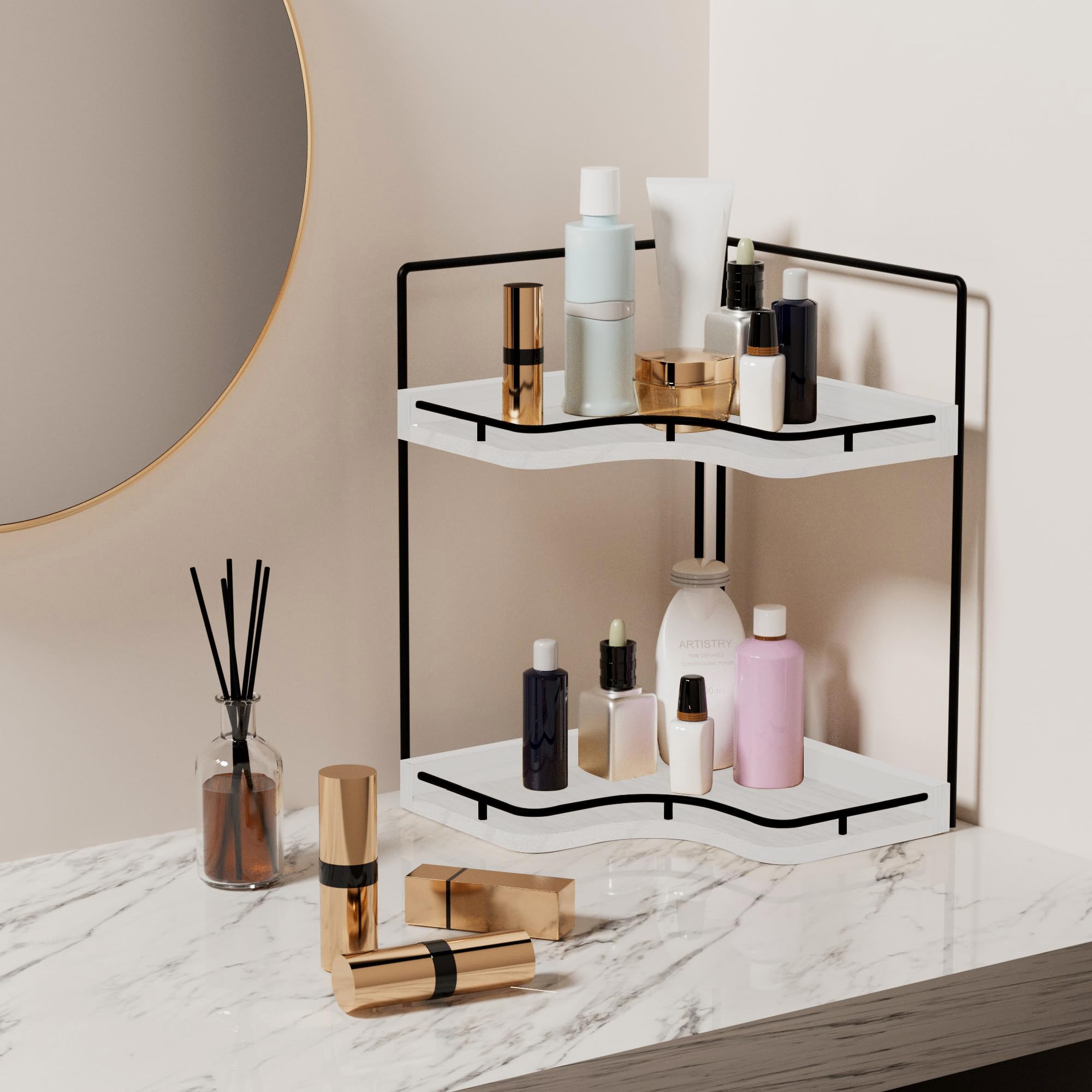 Bathroom Organizer Countertop,Wood Vanity Tray for Bathroom Storage,L Bathroom Counter Organizer,2 Tier Counter Corner Shelf for Bathroom,Kitchen (White)