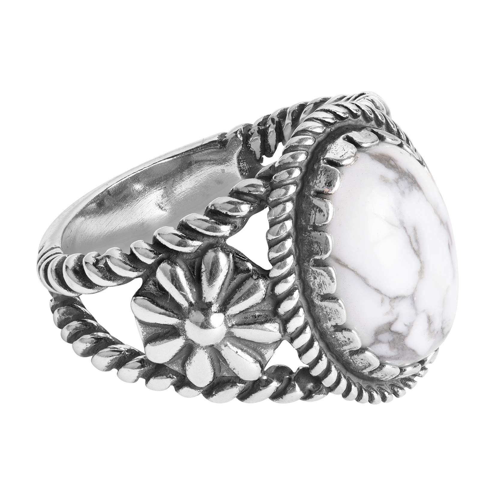 American West Jewelry Sterling Silver Women's Ring White Howlite Gemstone Native-Inspired Flower Design Size 8