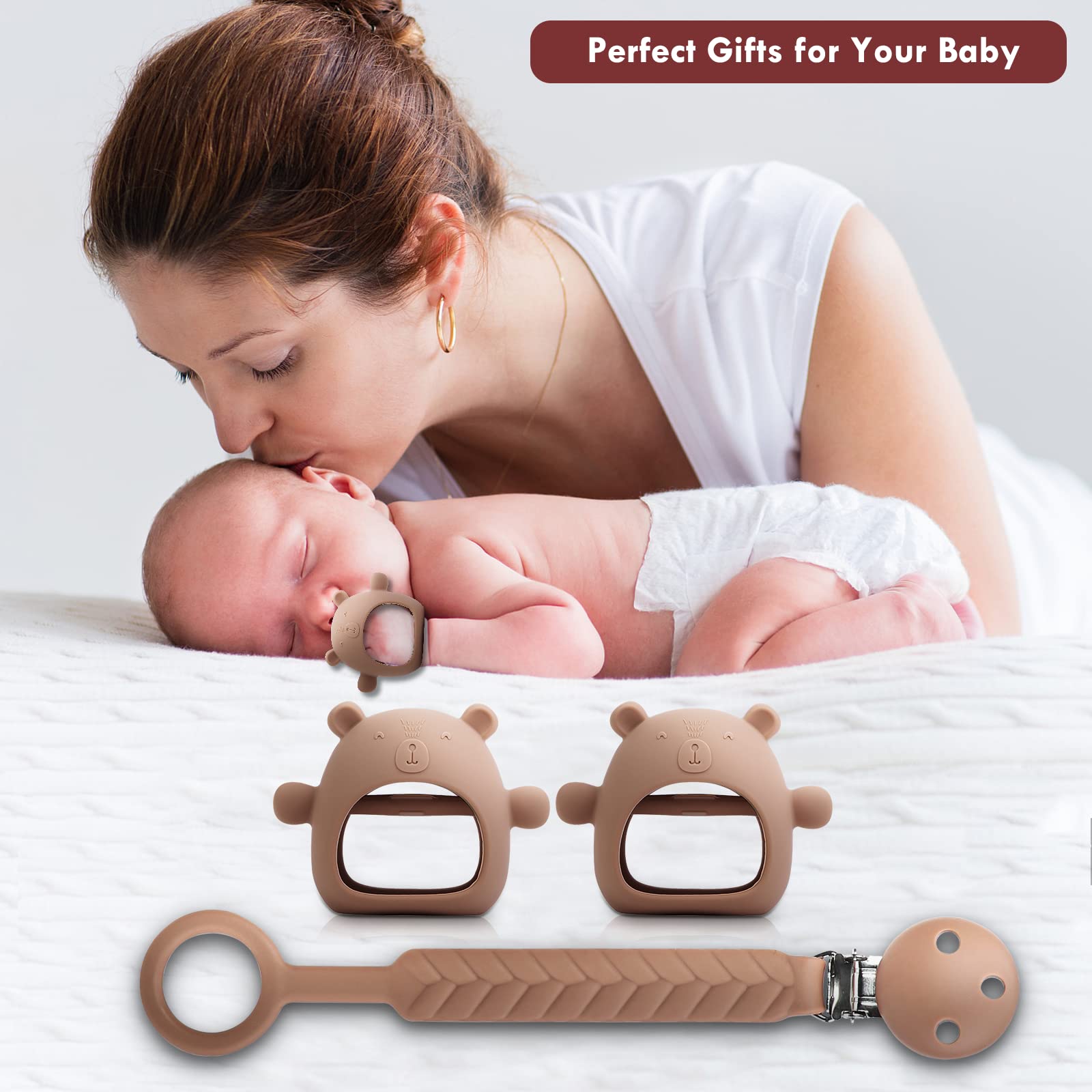 Baby Teether for 0-6 Months 2 Pack Never Drop Baby Teething Toys for 6-12 Months+1 Pack Pacifier Clip,Silicone Baby Chew Toys for Infant Sucking Needs,Baby Toys 3-6 Month Baby Mitten Teether(Brown)