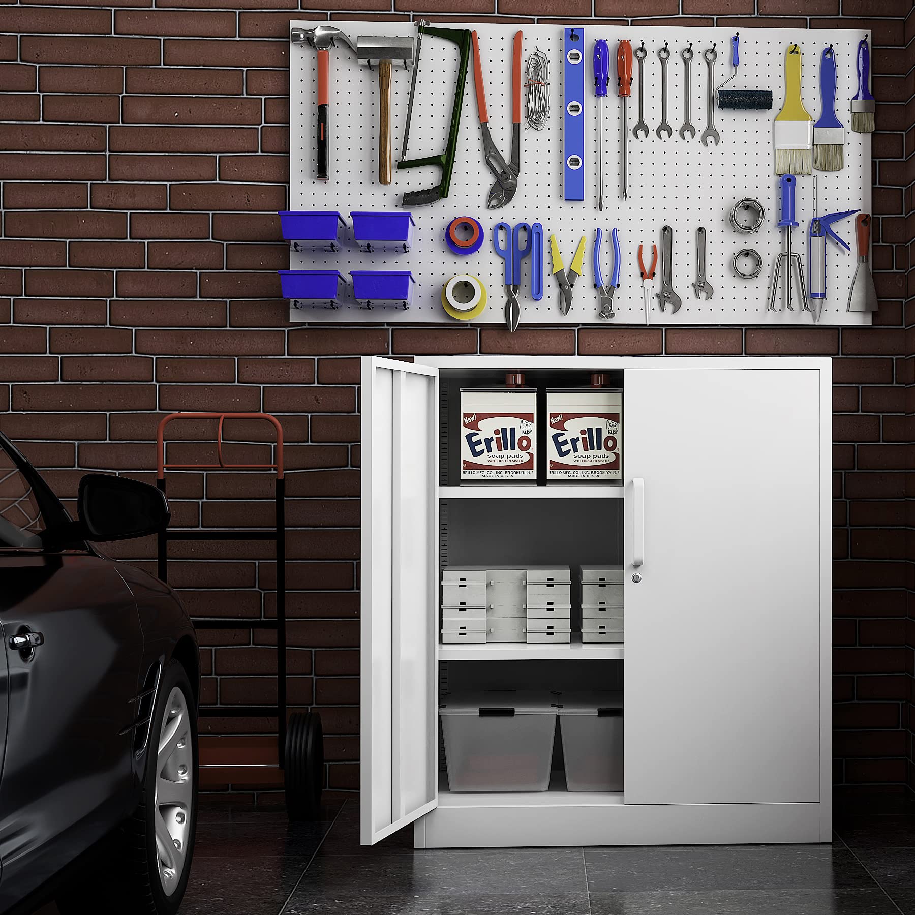 Anxxsu Metal Storage Cabinet, Lockable Steel Storage Cabinet with 2 Doors and Shelves, White Metal Cabinet with Lock, Small Locking Cabinet for Home Office