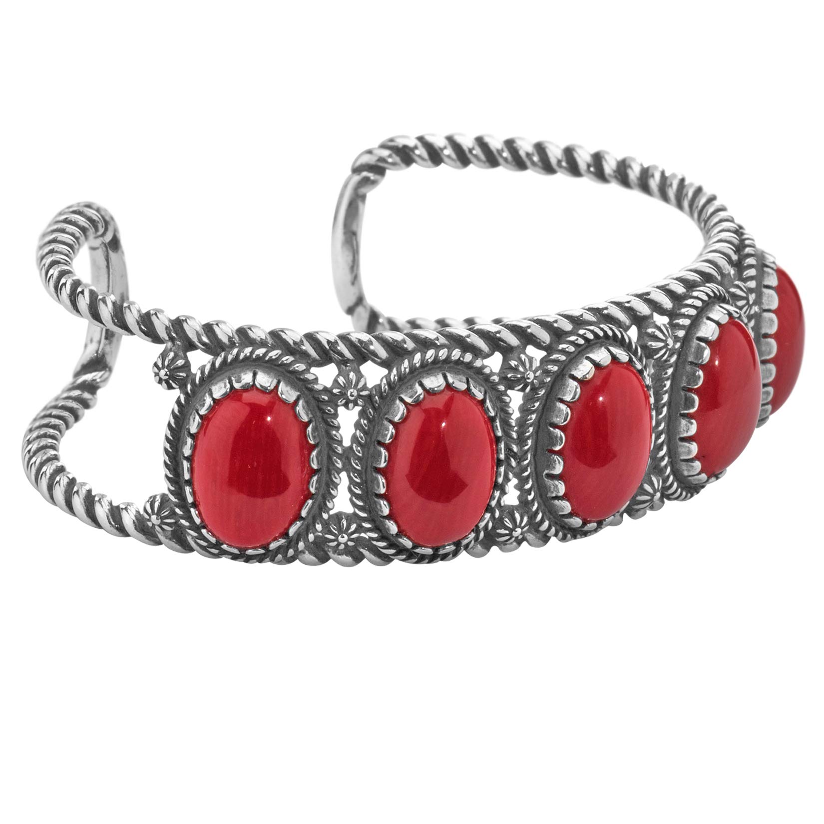 American West Jewelry Sterling Silver Women's Cuff Bracelet Red Coral Gemstone 5-Stone Design Size Small