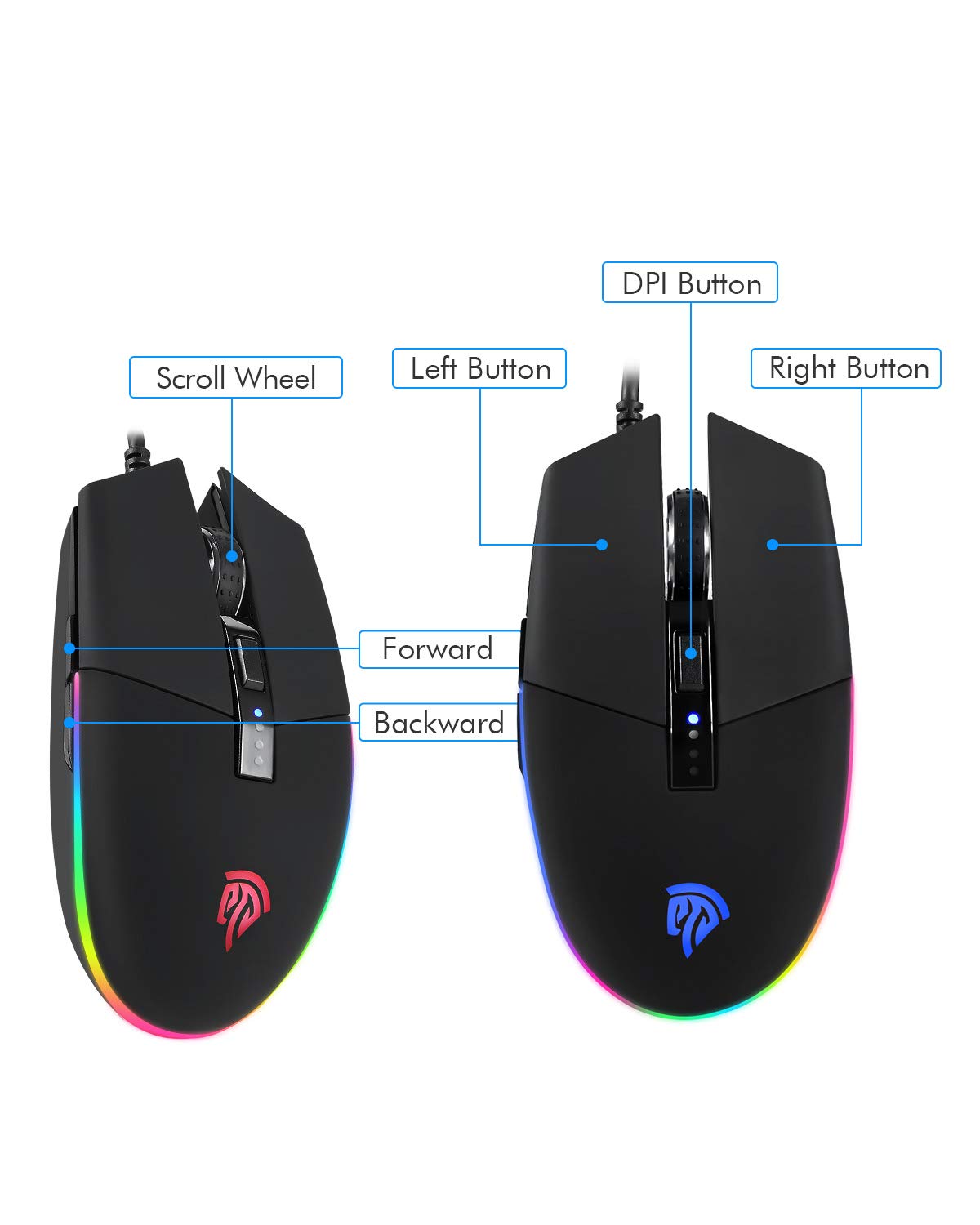EasySMX V50 RGB Wired Gaming Mouse, Ergonomic Computer Mouse with 5 Programmable Buttons, 22 Preset Macros for PUBG, 5 DPI Settings, LED Backlit USB Mouse for Laptop/PC/Windows/Linux/Mac