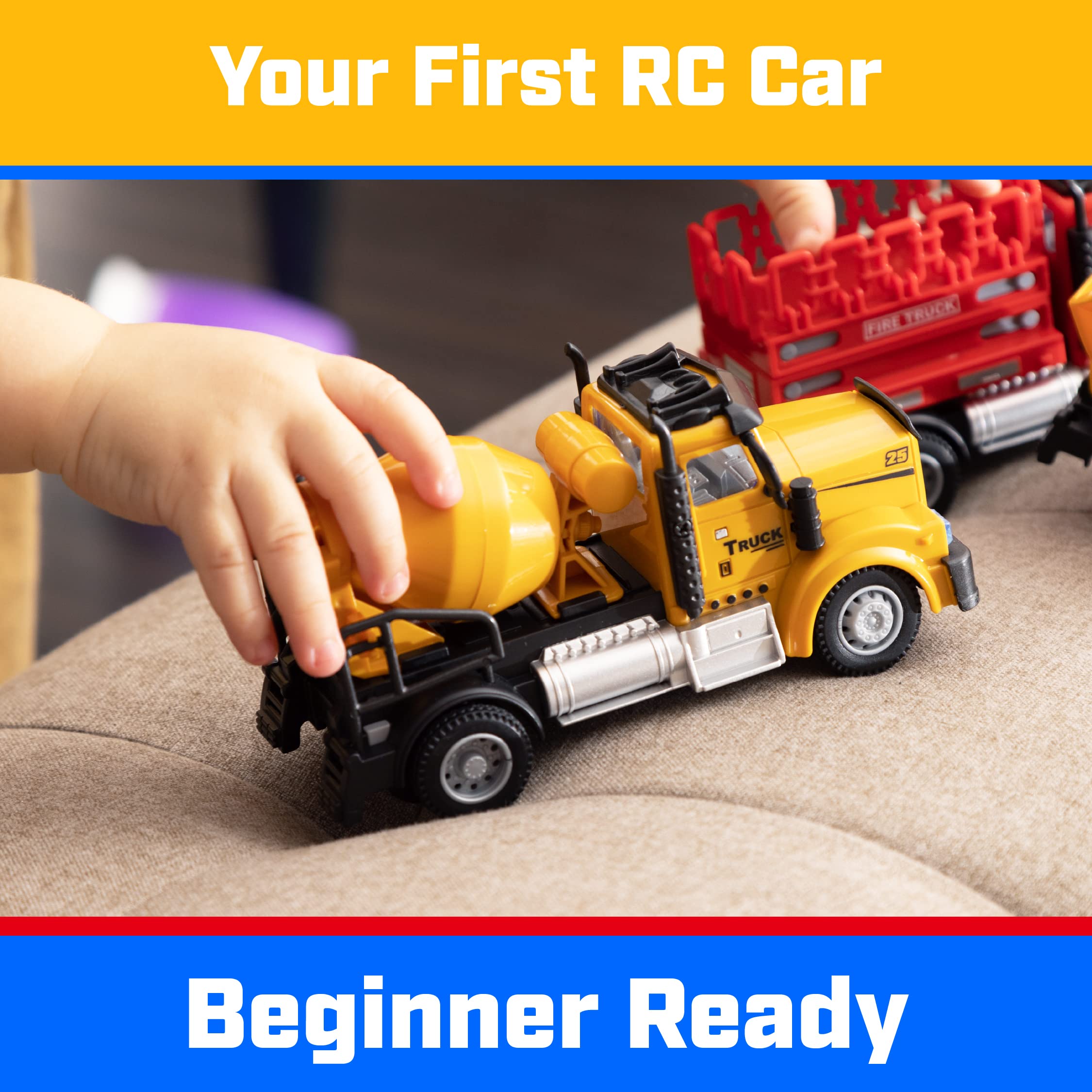 Force1 Mini Construction RC Trucks for Kids - 2 Pack Remote Control Toy Trucks Set with Mini Scoop RC Truck, Mini Cement Mixer Toy Truck 2.4GHz Remote Controls Bright LEDs and RC Toy Batteries Yellow