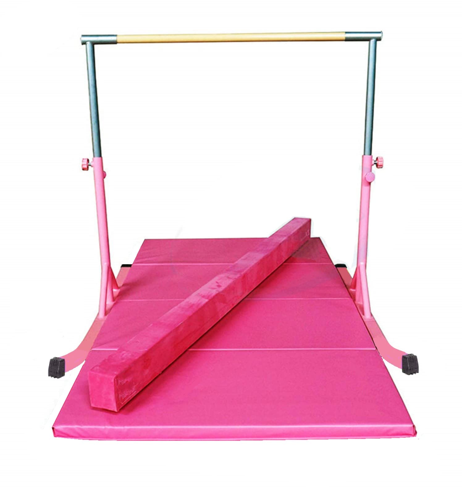 Athletic Bar Expandable Gymnastics Kip Bar Set with Balance Beam, 6'x4' Mat for Kids, Horizontal Bar Junior Gymnastic Training Exercise Gymnast Home Gym Adjustable 3 to 5 FT Fiberglass Rail (Pink)