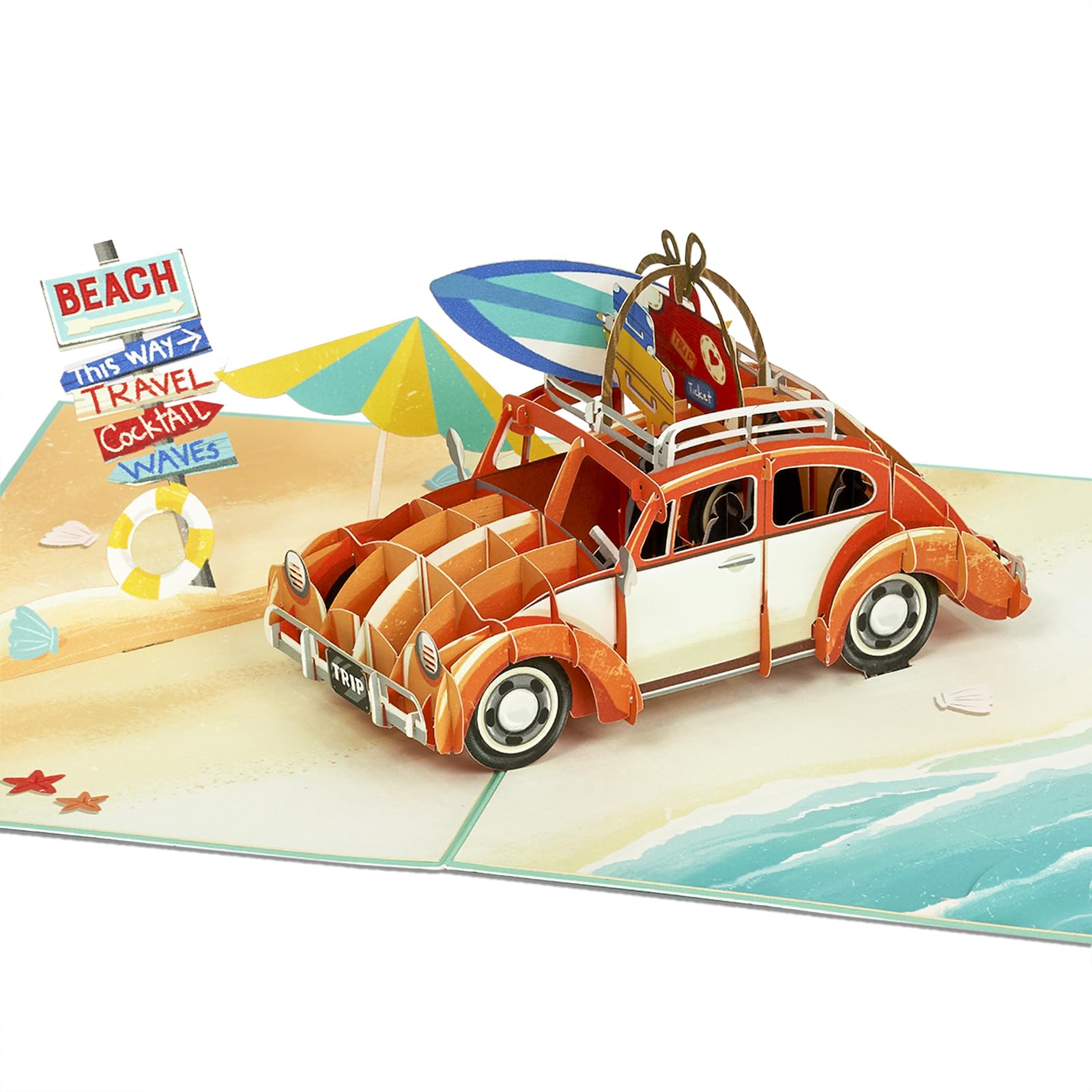 POPWOW Car Pop Up Card, Beetle Bug, New Adventure, Road Trip, Vacation 3D Travel Card for Birthday, Graduation, Congratulations, Retirement, Work Anniversary, Farewell, Goodbye, Bon Voyage, 5x7