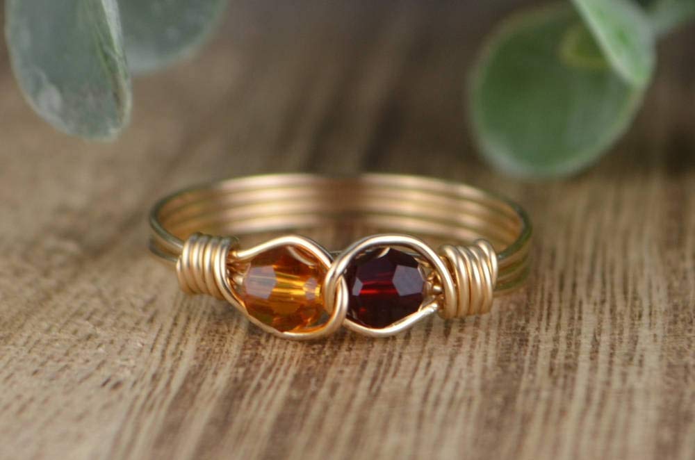 Any Two Crystals Birthstones Infinity Symbol Ring in Sterling Silver or 14kt Yellow or Rose Gold Filled Handmade Wire Wrapped Ring- Made to size 4-14