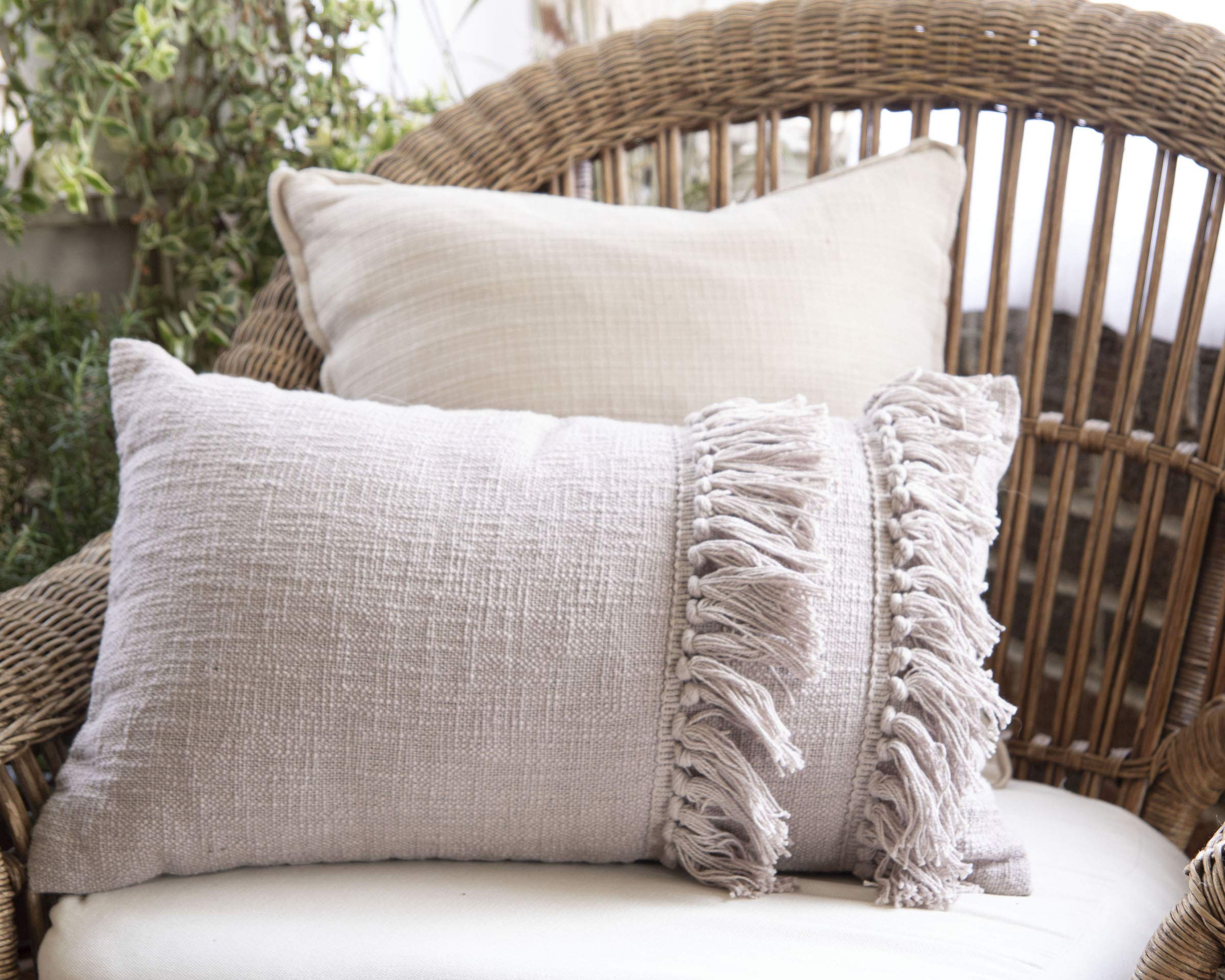 Foreside Home & Garden Gray Handwoven 14x22 Decorative Cotton Throw Pillow with Hand Braided Tassels